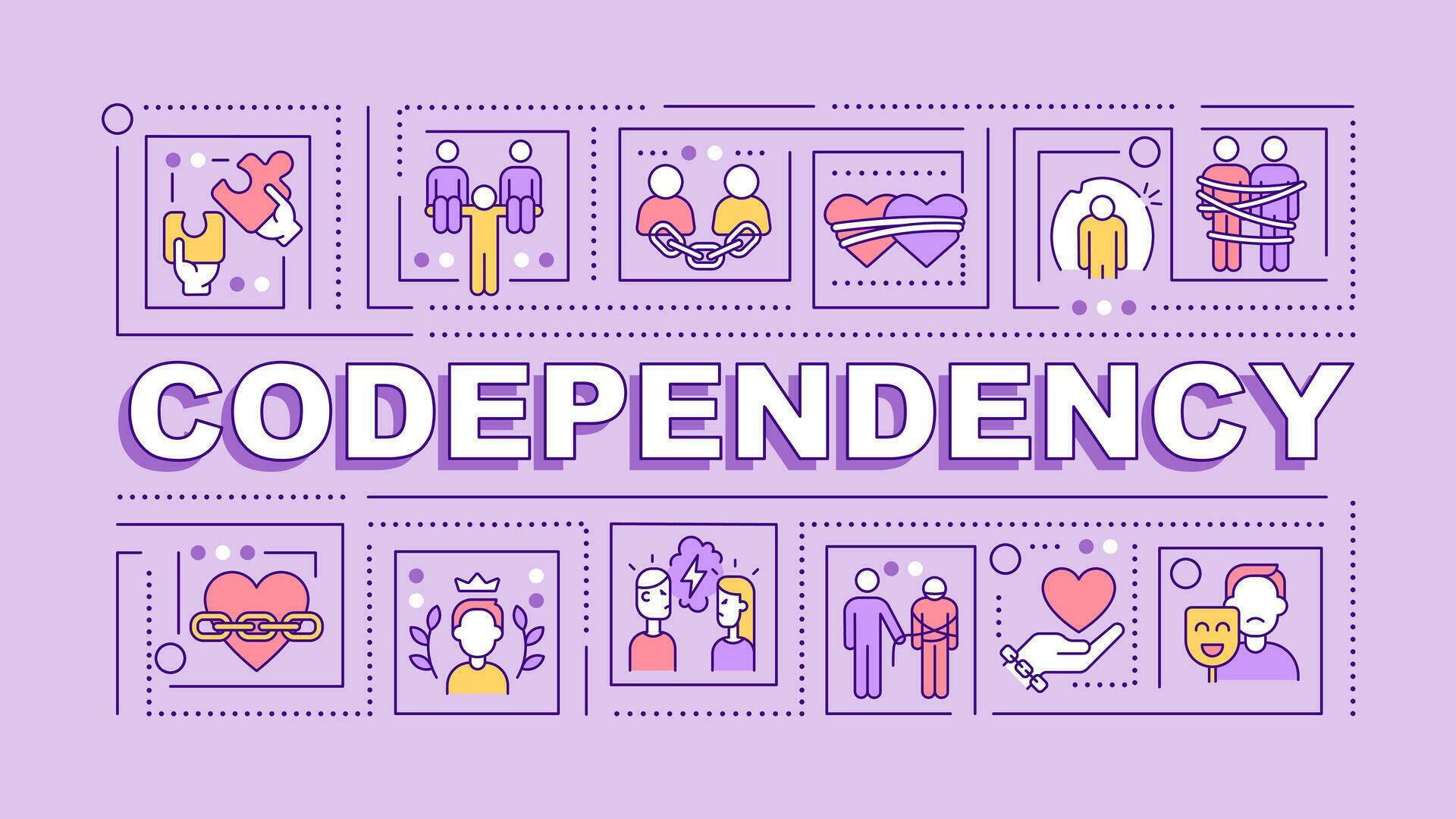 Codependency text with various thin line icons concept on purple ... Codependency text with various thin line icons concept on purple ...