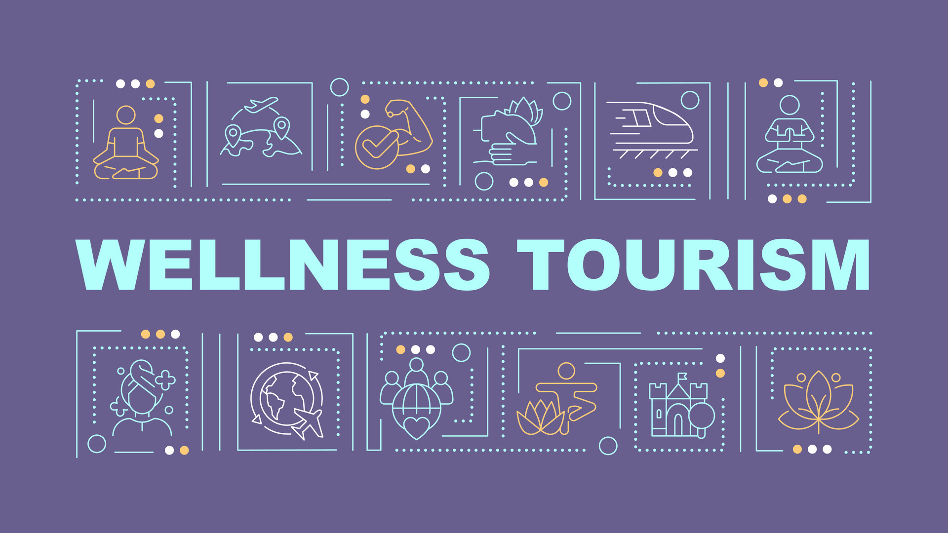 2d Wellness Tourism Text With Various Thin Linear Icons Concept On Dark