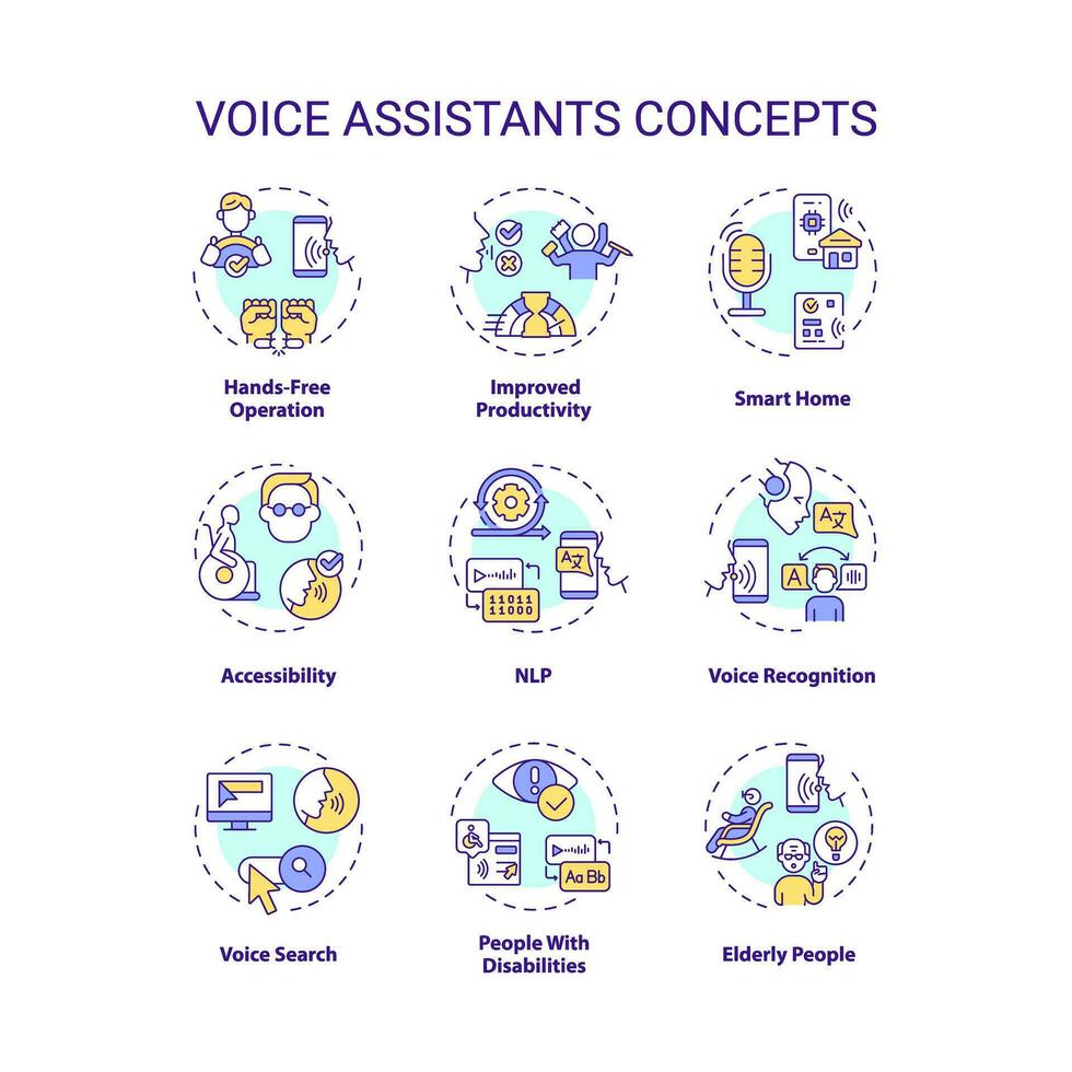 2D editable icons set representing voice assistants concepts, isolated ...