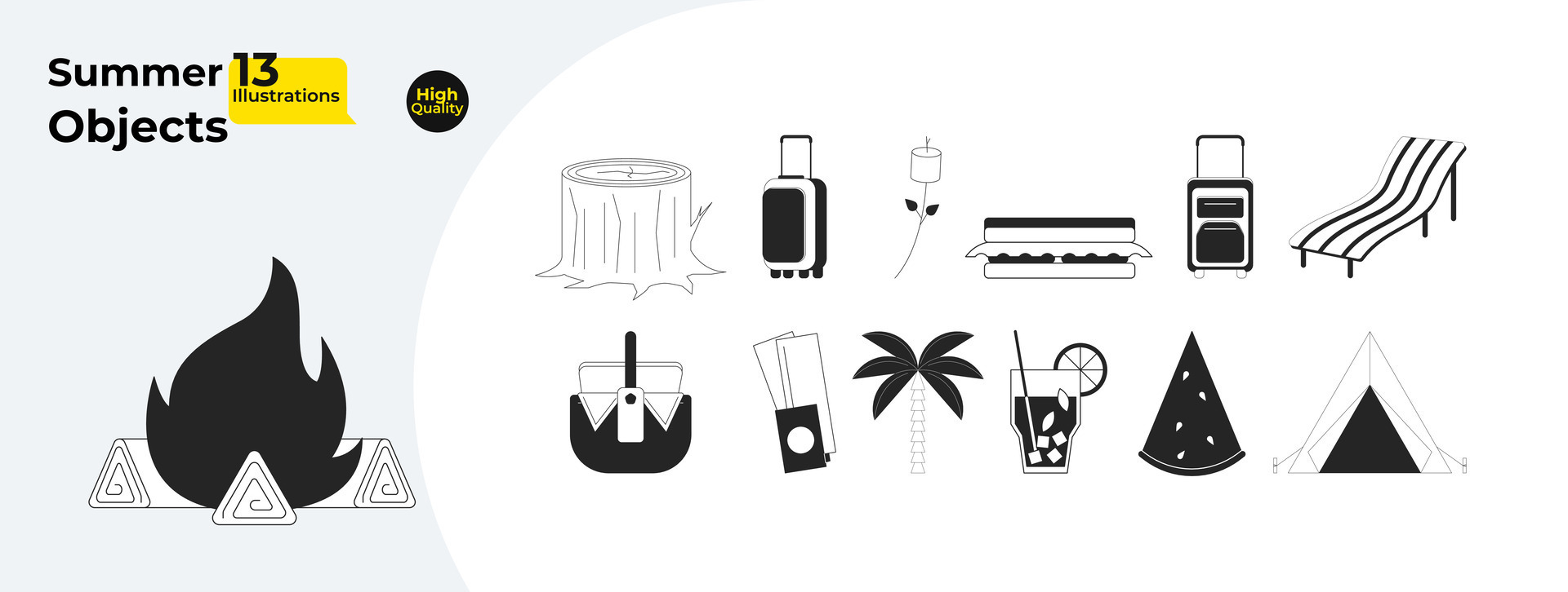Fun Summer Black And White 2d Line Cartoon Objects Bundle Bonfire
