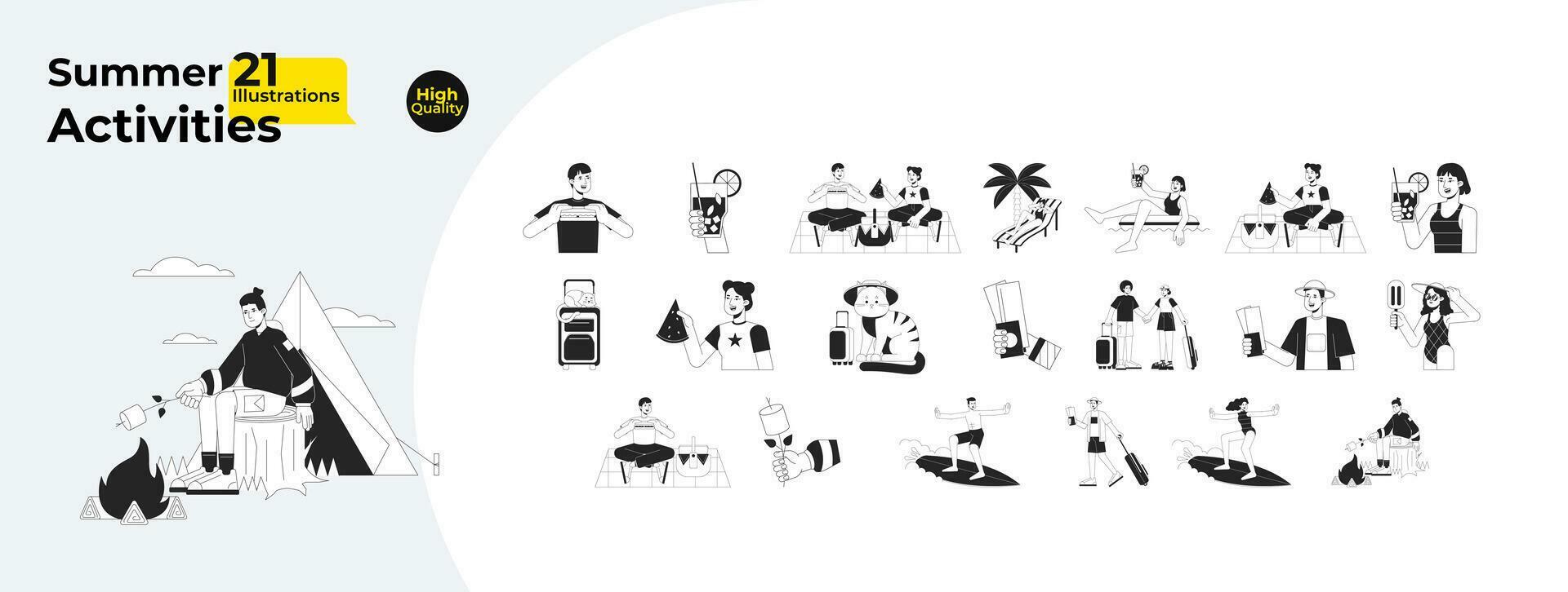 Summer leisure activities black and white cartoon flat illustration ...