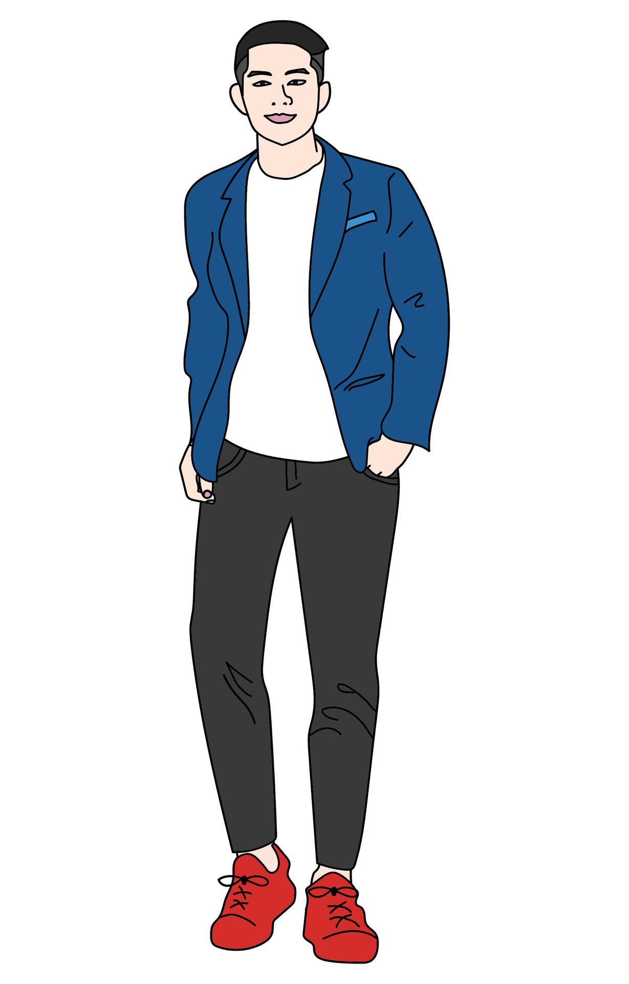 Cartoon drawing Asian man wearing suit and red shoes standing position ...