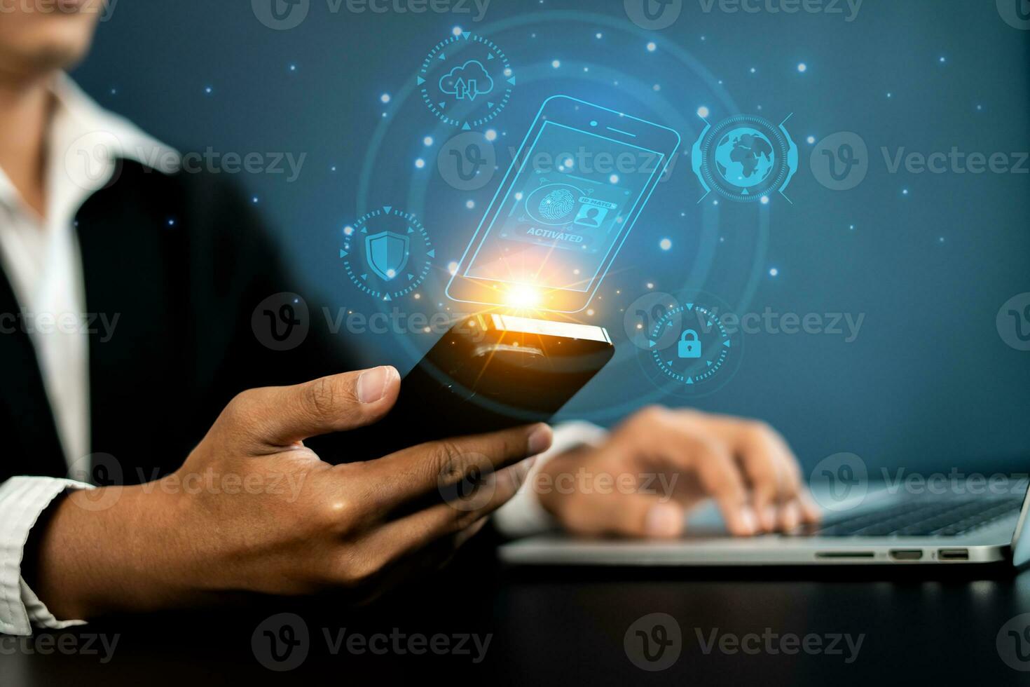 Businessmen Using Fingerprints To Access Personal Information And