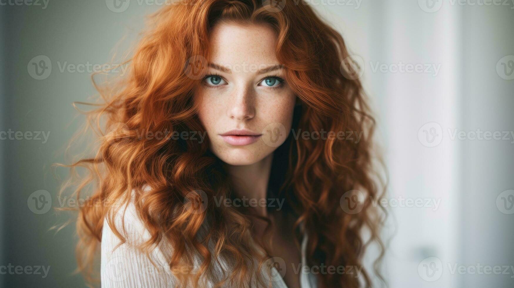 Portrait Of A Beautiful Young Woman With Long Curly Red Hair