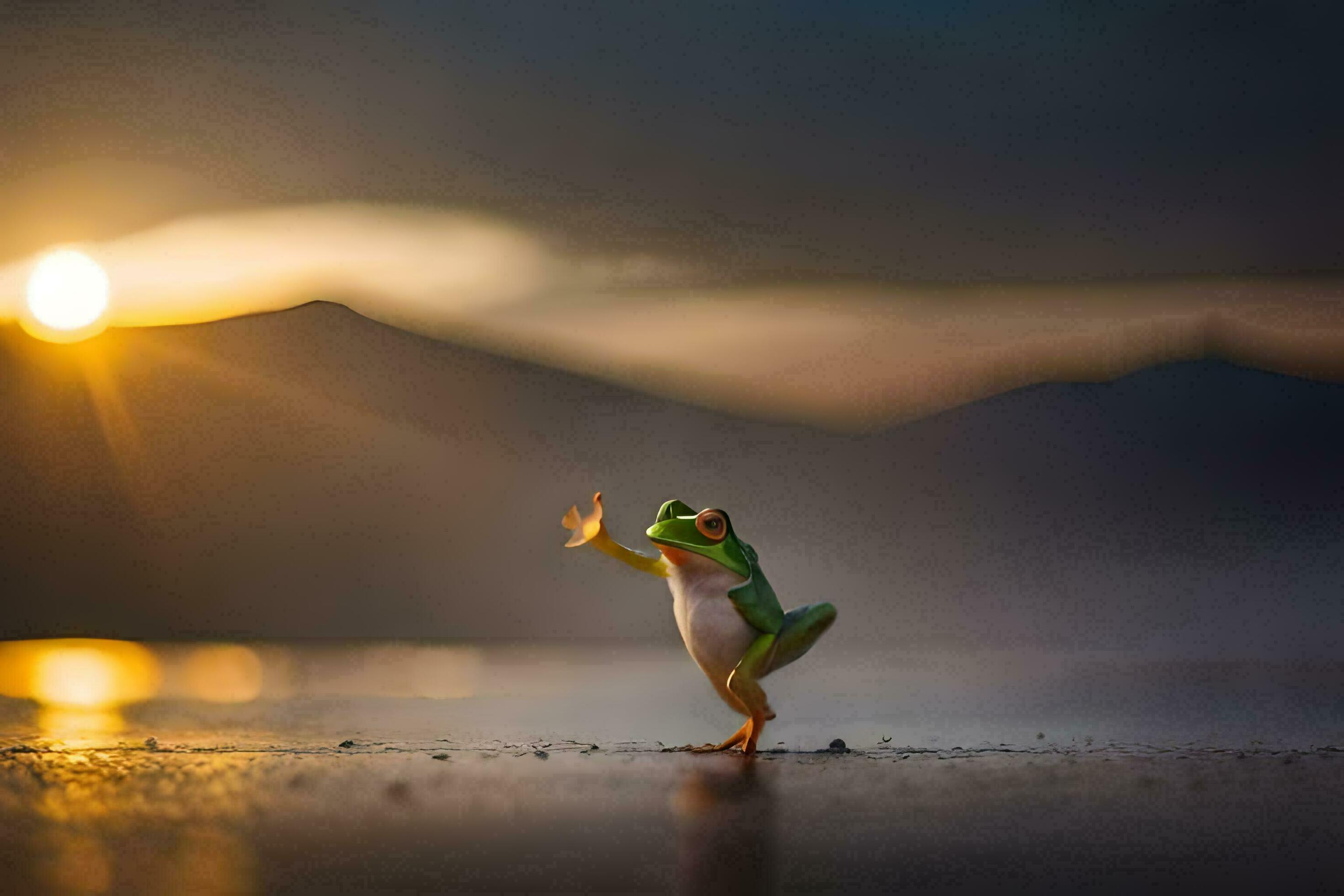a frog standing on the beach with its arms outstretched. AI-Generated ...