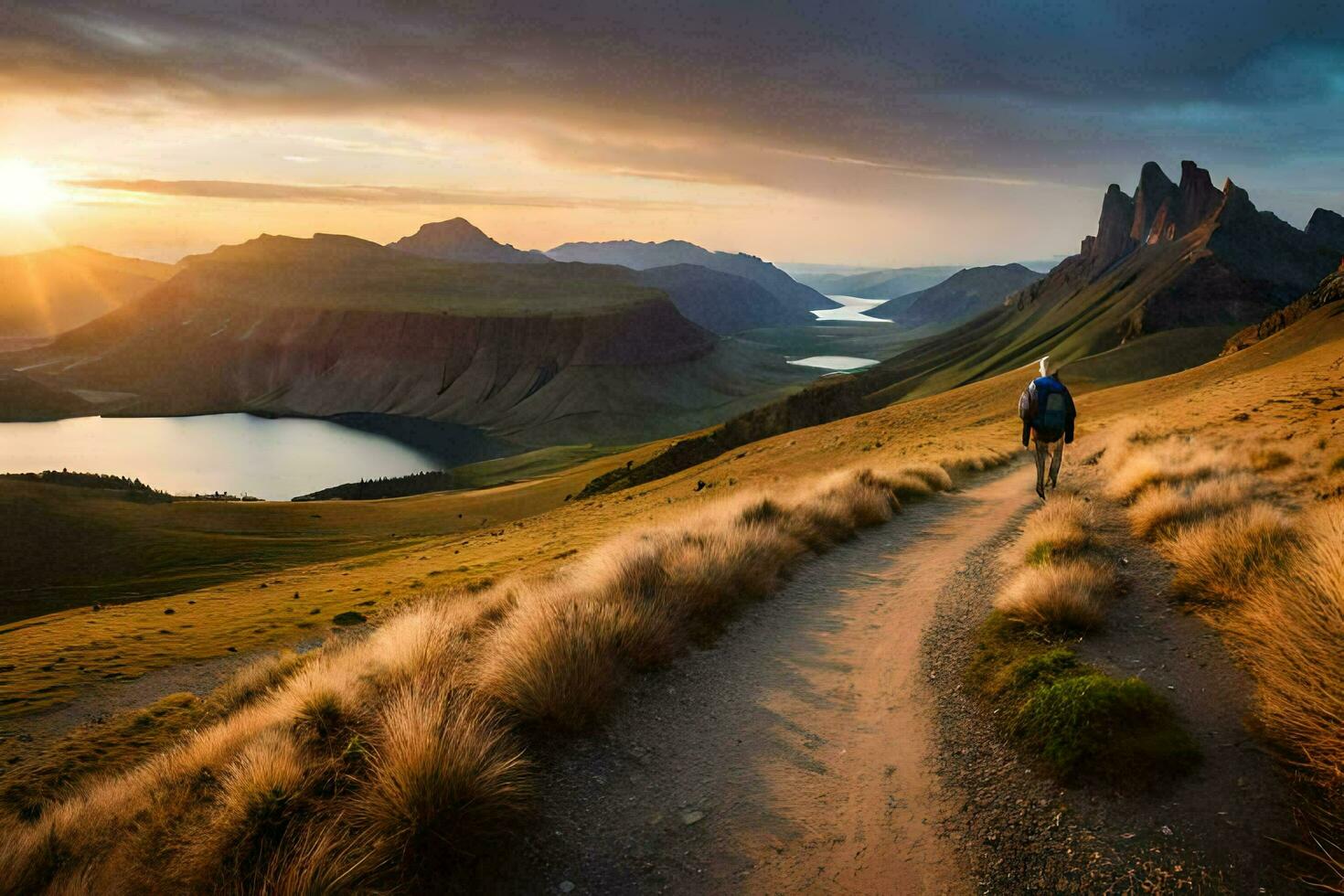 the man is walking on the path in the middle of the mountain. AI ...
