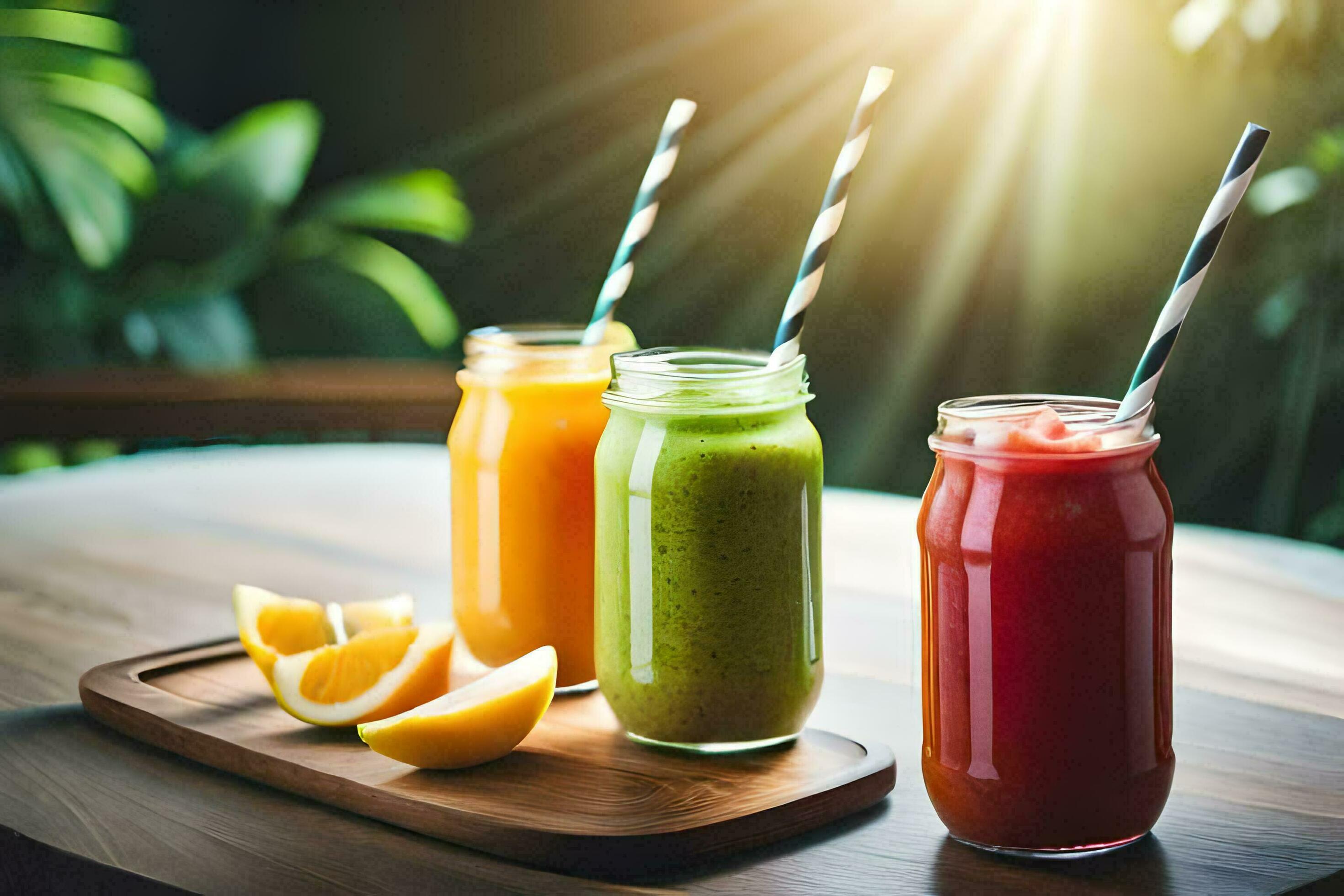 three different types of smoothies on a wooden table. AI-Generated 34259071 Stock Photo at Vecteezy