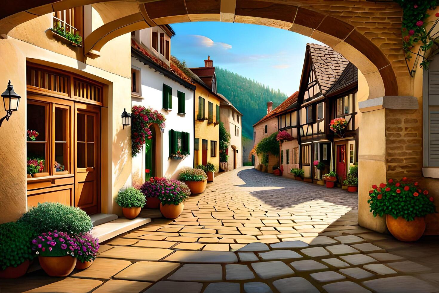 an illustration of a street in a medieval town. AI-Generated 34288216 ...