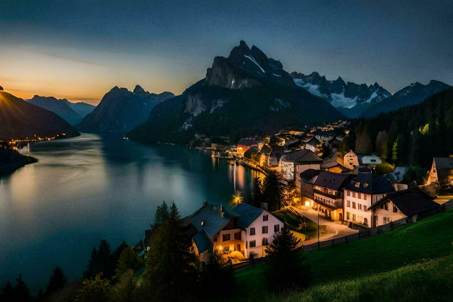 foto fondo de pantalla el cielo, montañas, lago, ciudad, atardecer, el Alpes, Austria. generado ...