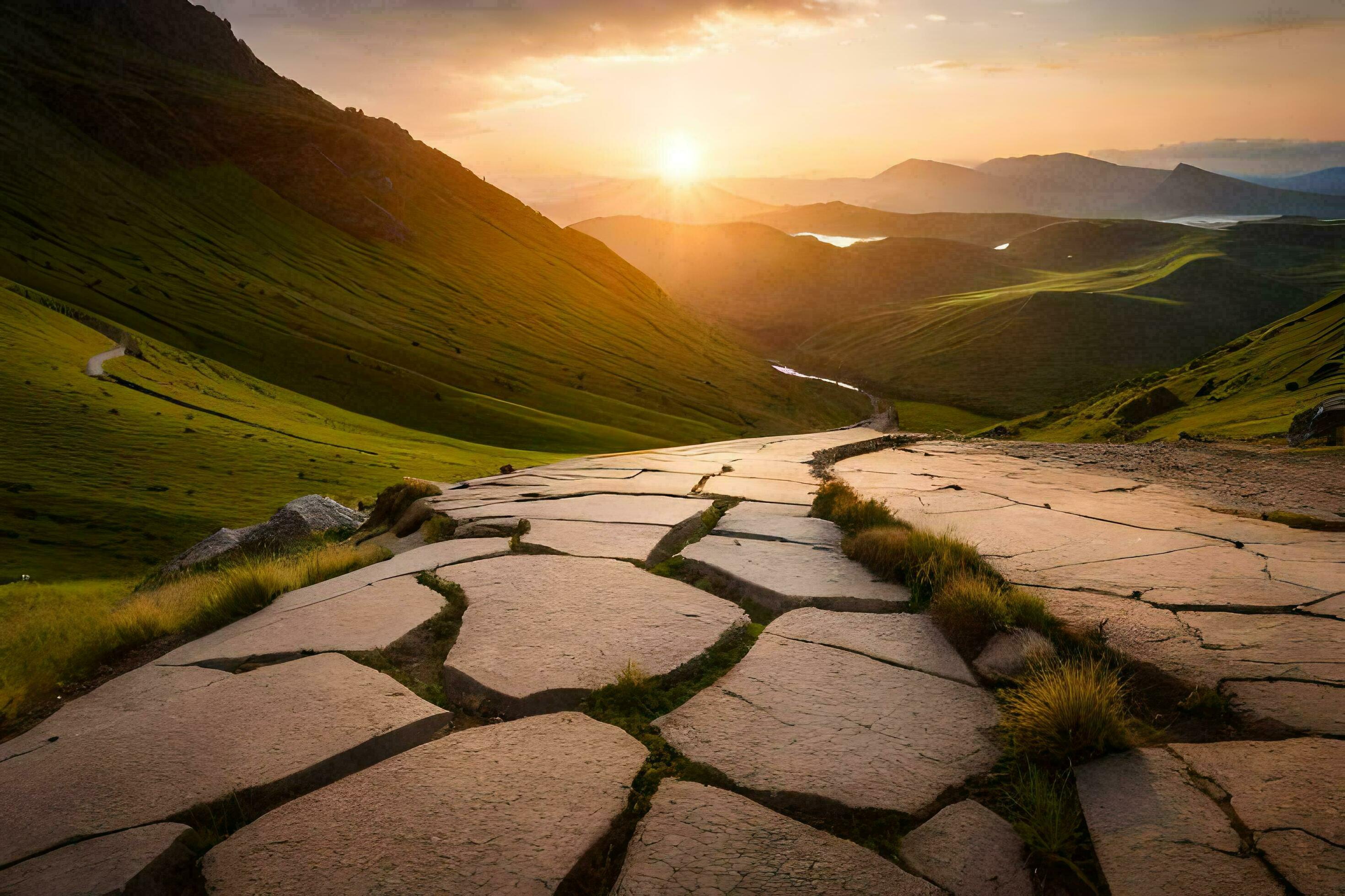 the sun rises over a rocky path in the mountains. AI-Generated 34297471 Stock Photo at Vecteezy