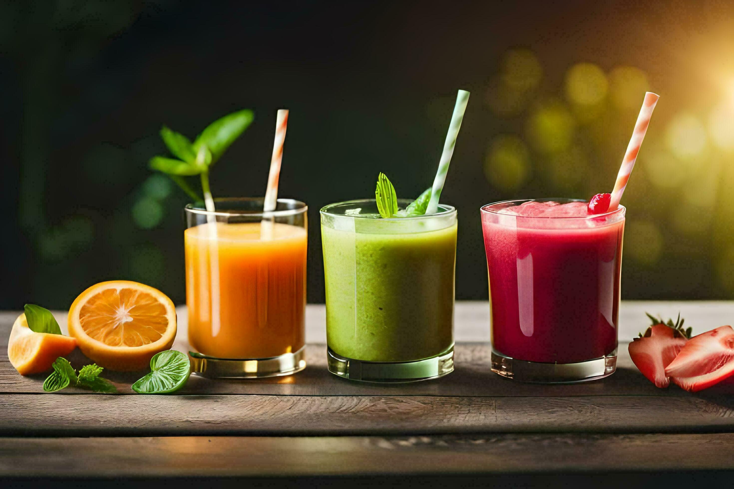 three different types of smoothies on a wooden table. AI-Generated 34299555 Stock Photo at Vecteezy