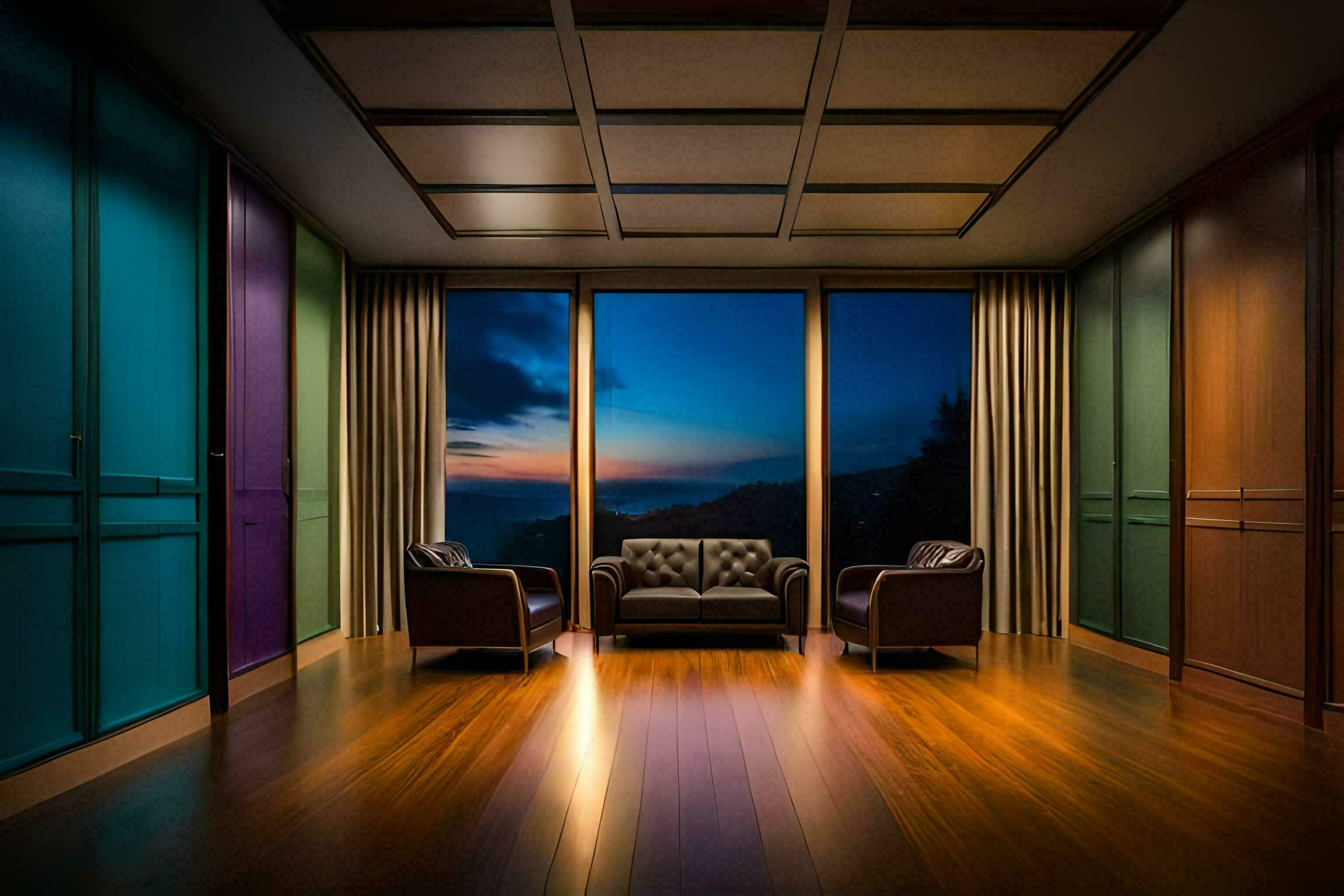 a room with two chairs and a window overlooking the ocean. AI-Generated 34305389 Stock Photo at ...