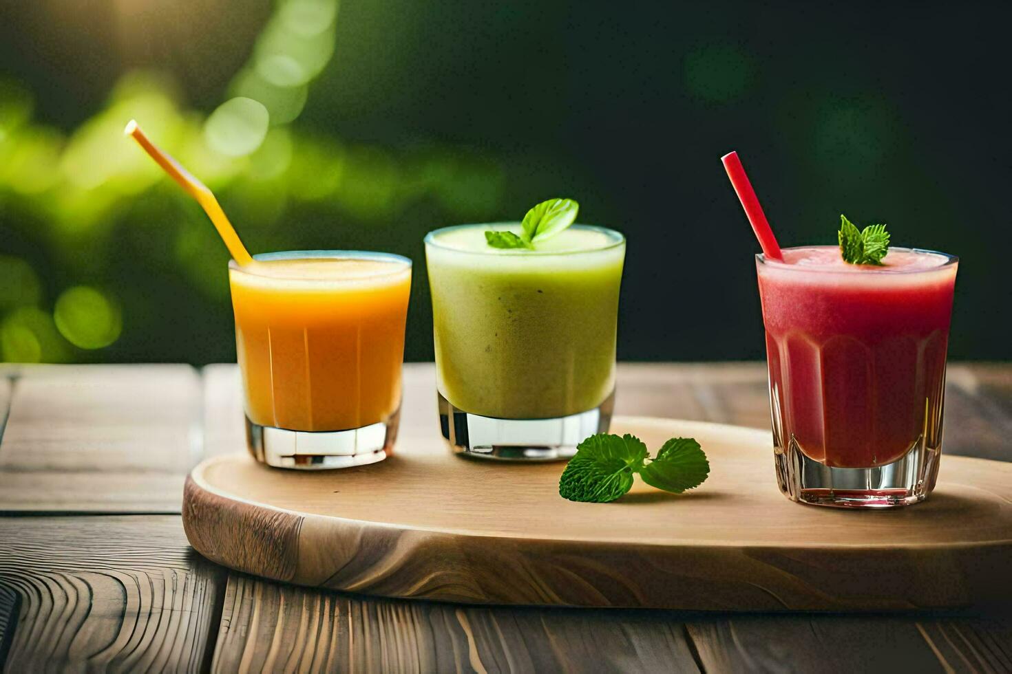 three different types of smoothies on a wooden board. AI-Generated 34315889 Stock Photo at Vecteezy