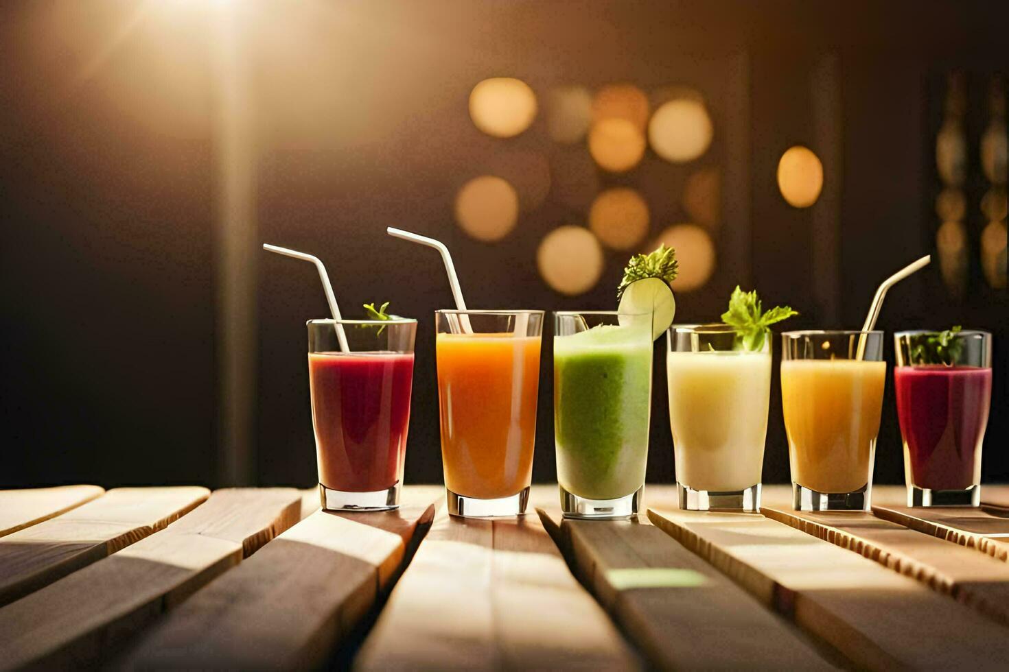 a row of different colored smoothies on a wooden table. AI-Generated 34316818 Stock Photo at ...