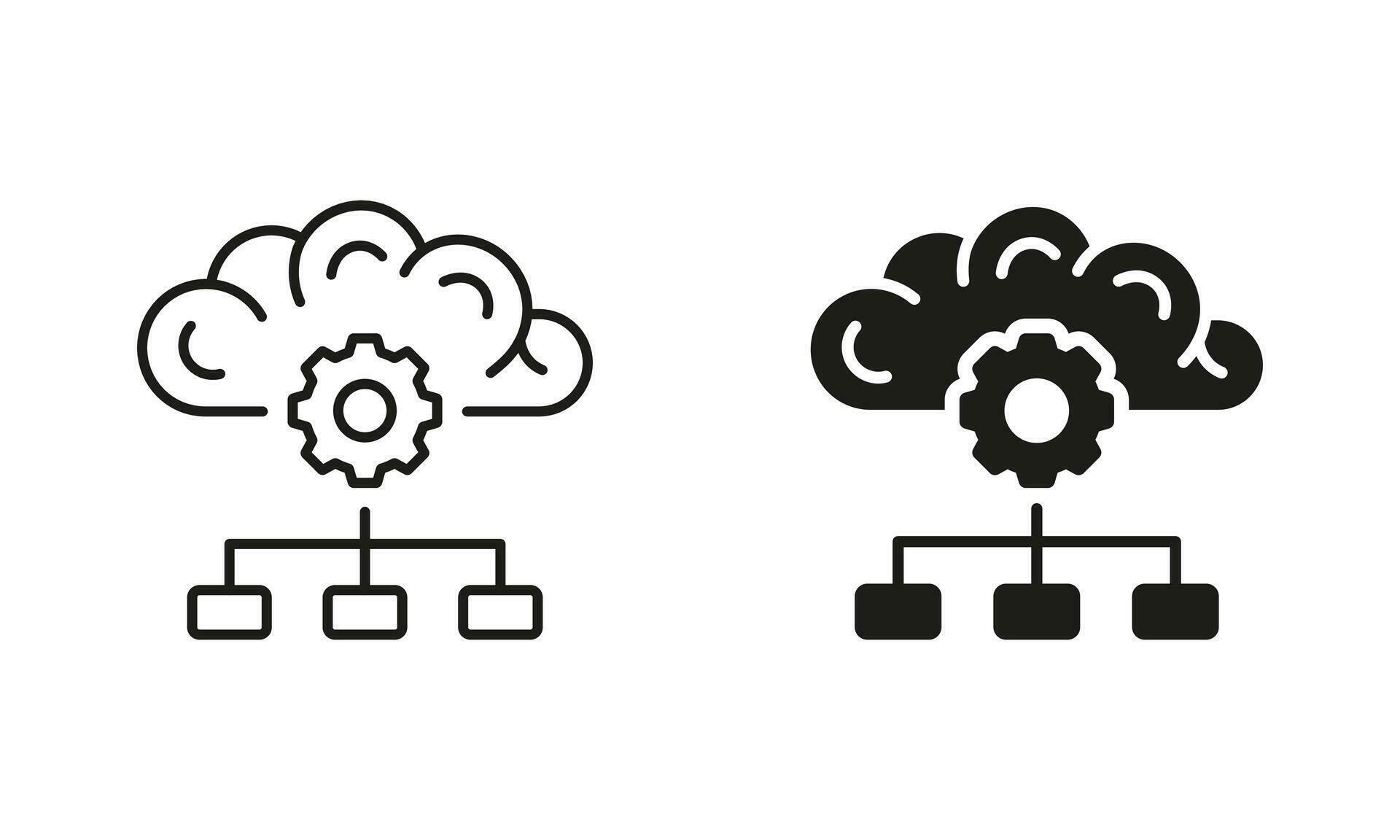 Human Brain Digital Cloud Concept Silhouette and Line Icons Set. AI ...