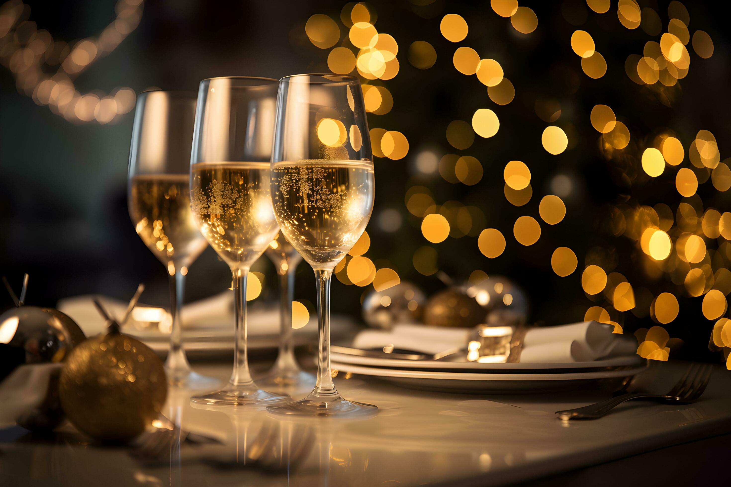 Champagne glasses on festive table with gold glowing bokeh background. Celebration background ...