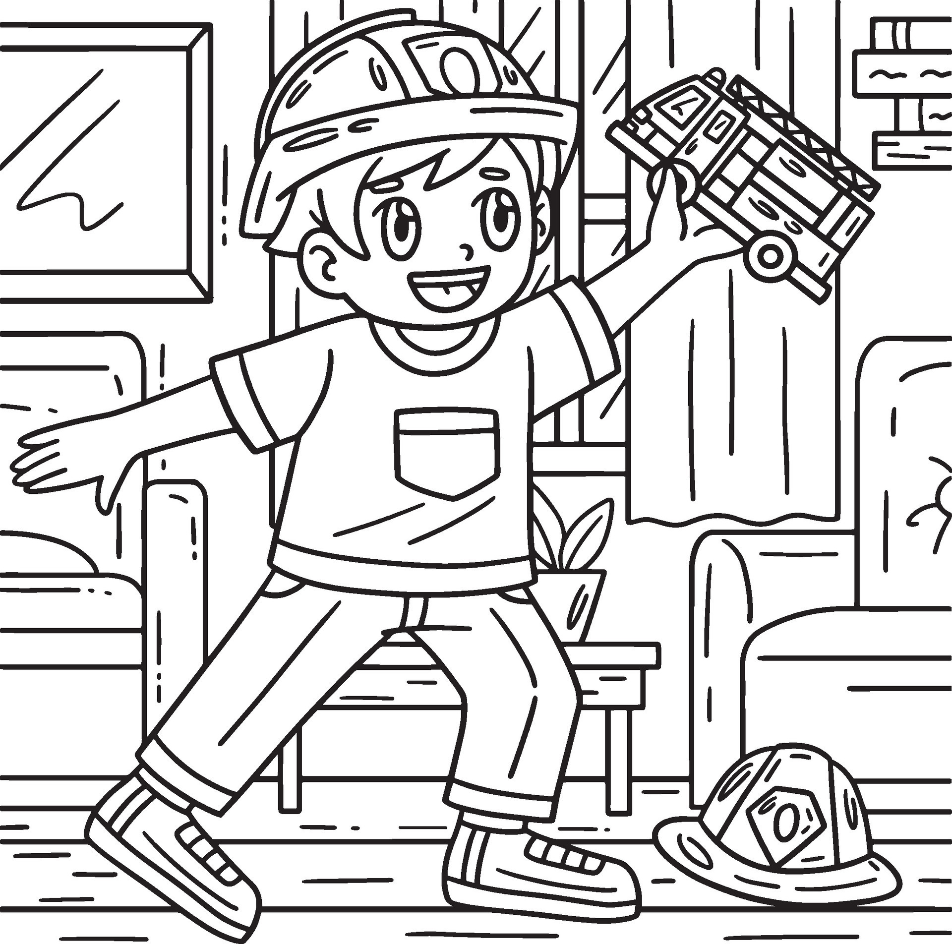 Child with Firefighter Truck Toy Coloring Page 34329068 Vector Art at ...