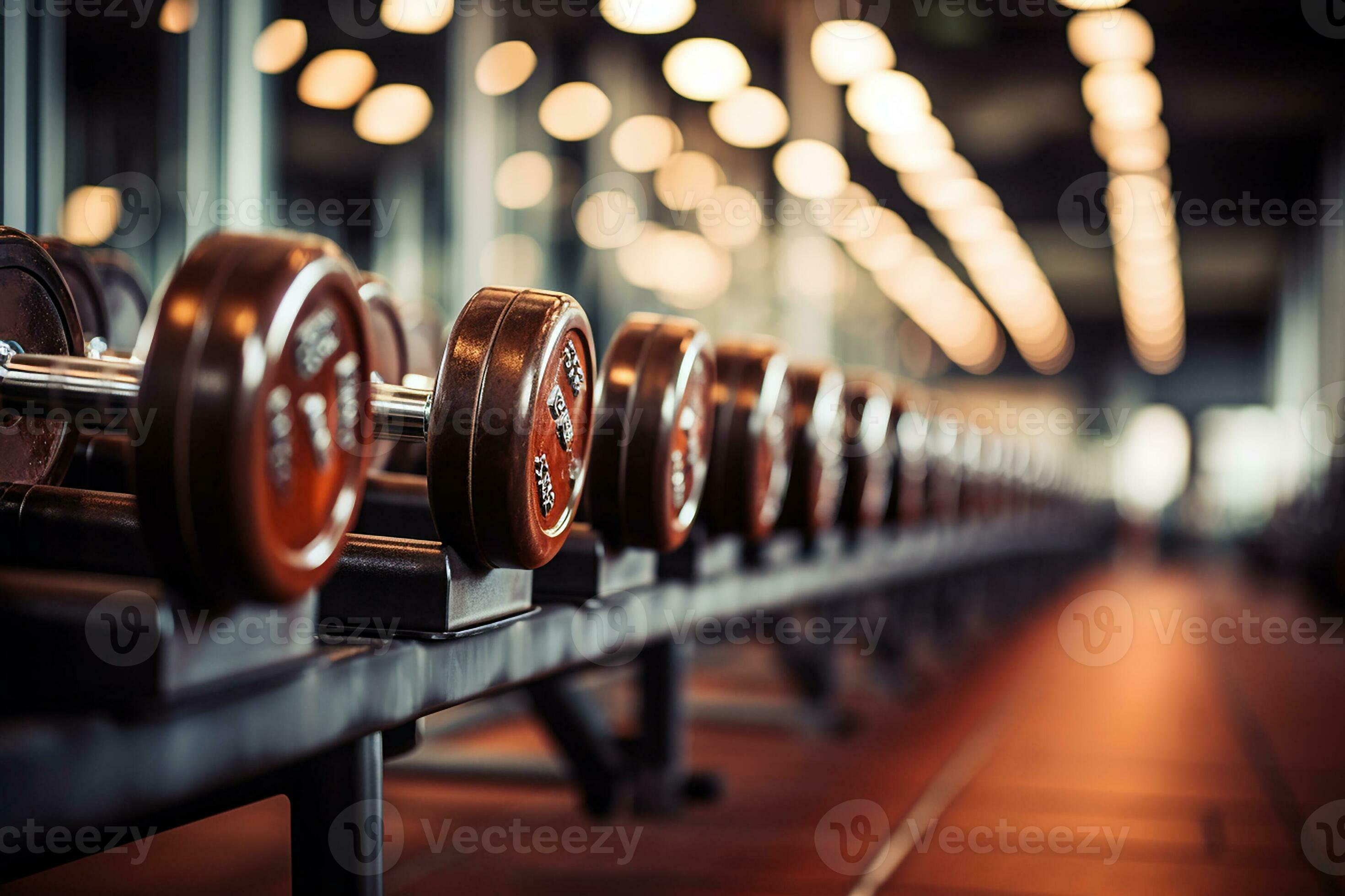 Portrait rows of dumbbells in the gym. Hands holding dumbbells. Fitness ...
