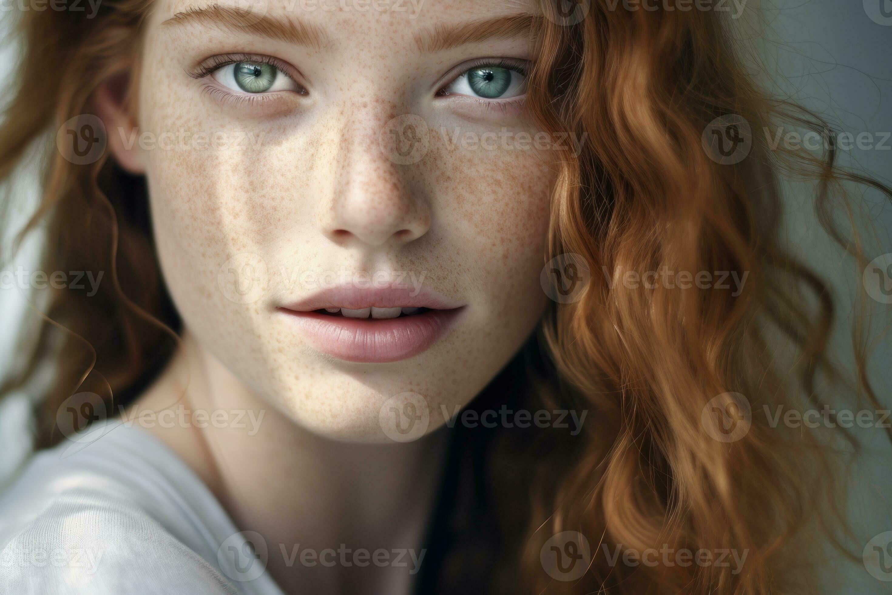 Portrait Of A Beautiful Red Haired Girl With Freckles Generative Ai