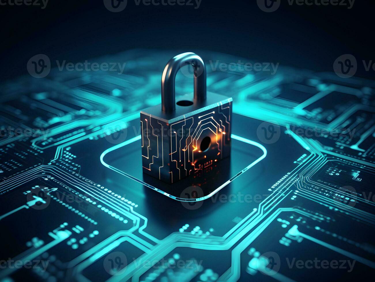 Lock with circuit pattern. Concept of data security, cybersecurity, cyber defense. AI generative ...