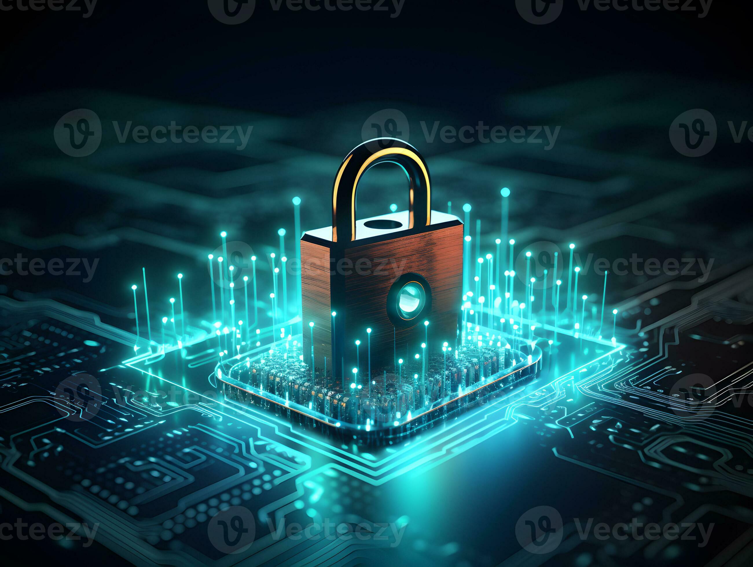 Lock with circuit pattern. Concept of data security, cybersecurity, cyber defense. AI generative ...