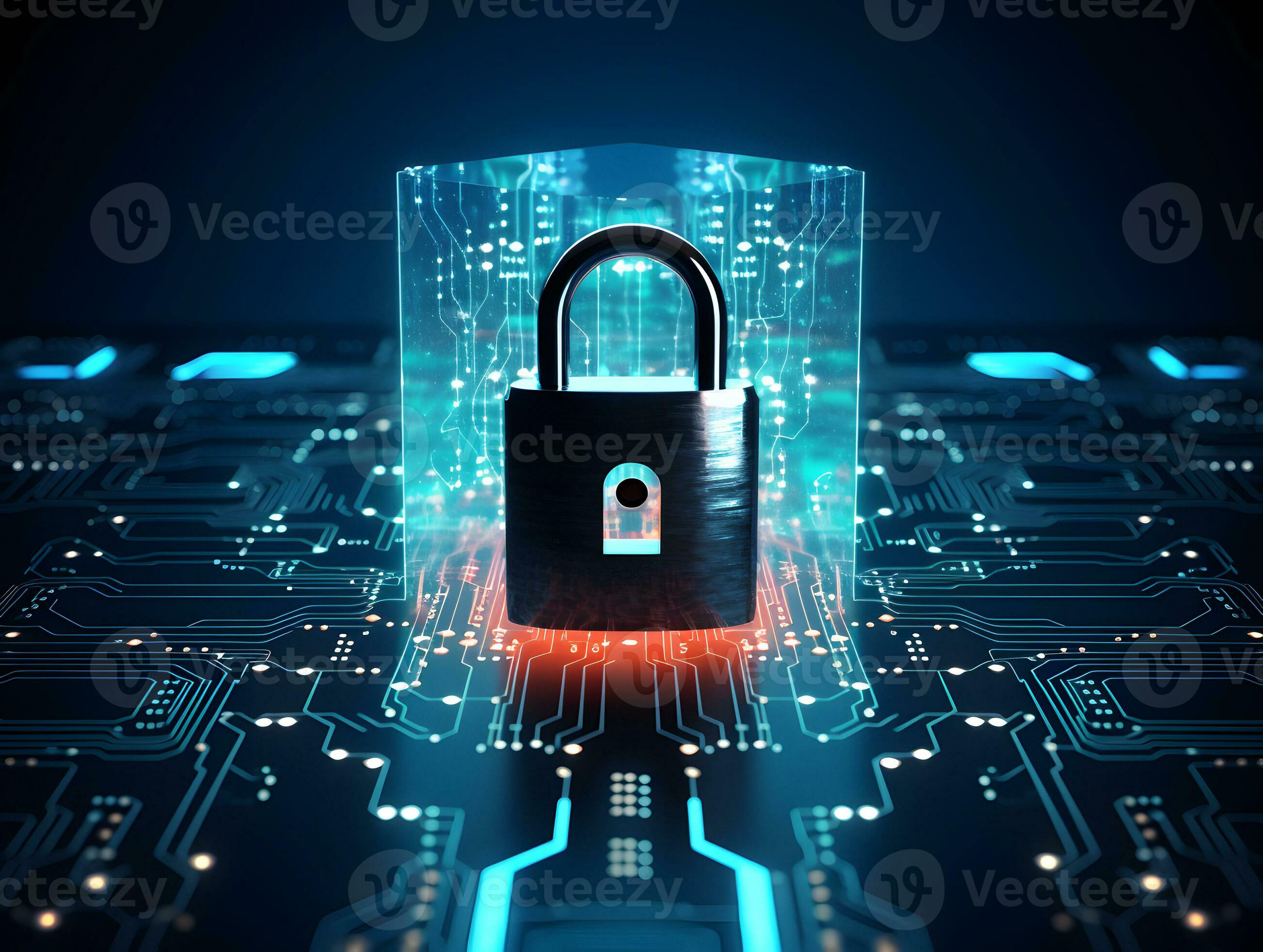Lock with circuit pattern. Concept of data security, cybersecurity, cyber defense. AI generative ...