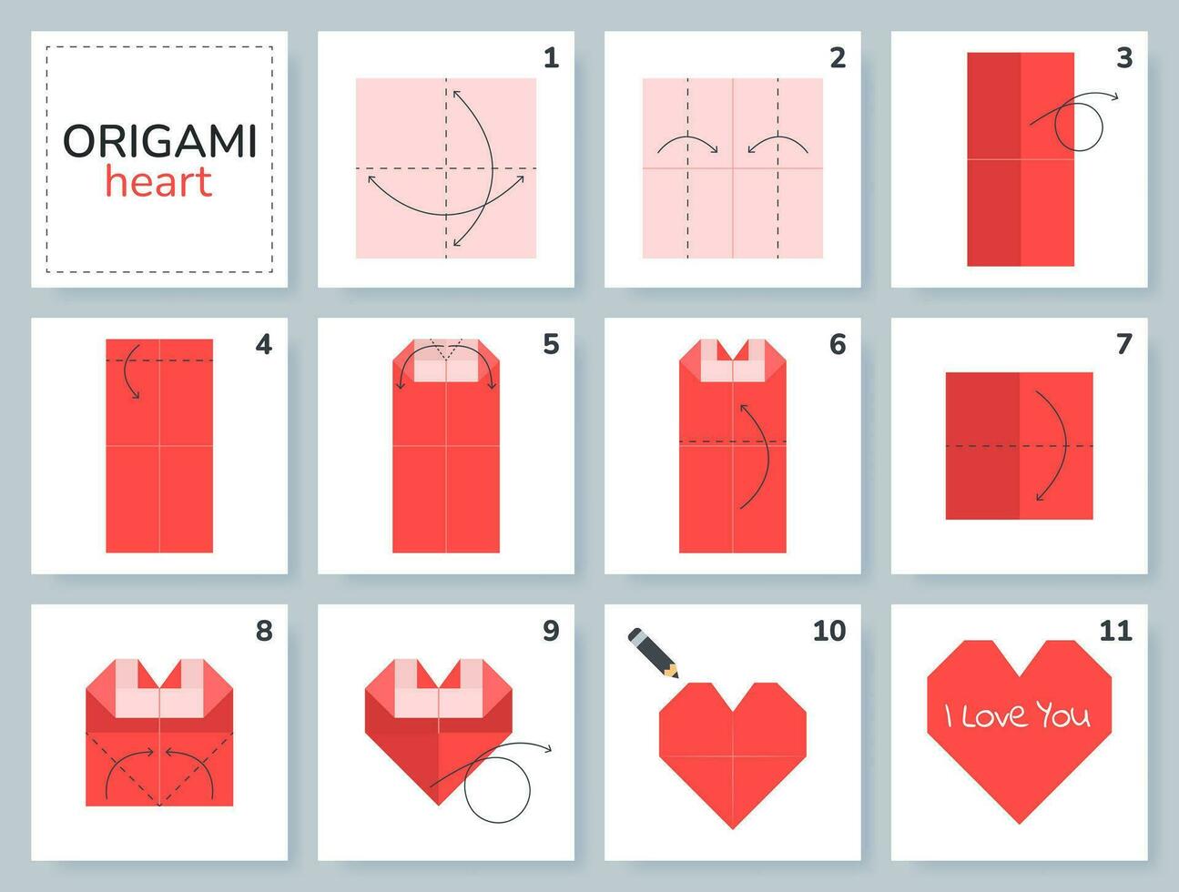 Heart origami scheme tutorial moving model. Origami for kids. Step by ...