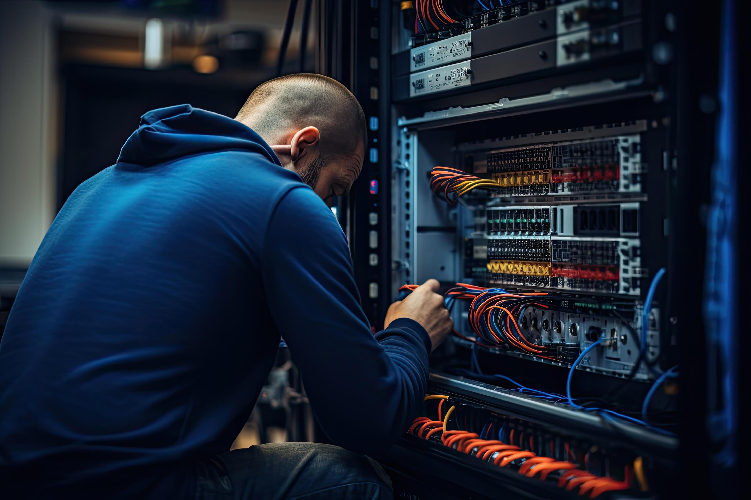 Technician repairing server in datacenter server room. Network ...