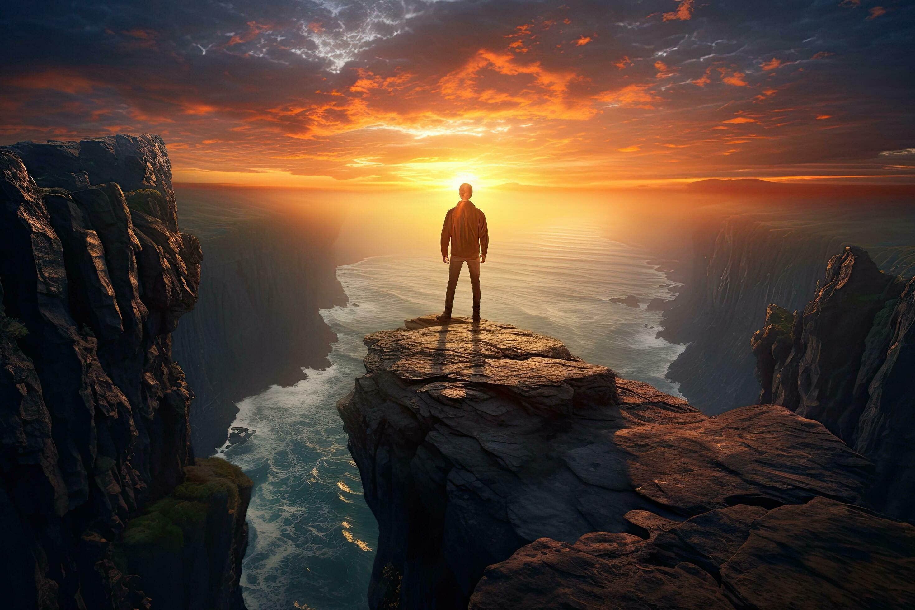 Man standing on the edge of a cliff and looking at the sunset, rear view of a Man standing on ...