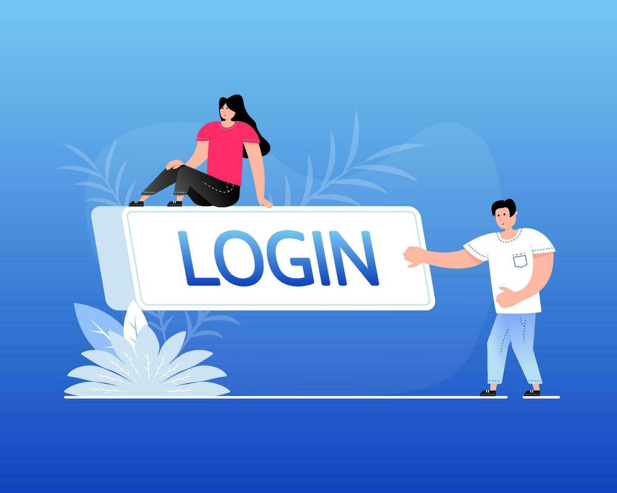 Flat login button for site design. Flat people. Vector template. Web page template. Arrow icon ...