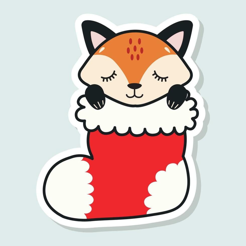 Cute little fox sleeps in a Christmas stocking. Happy Holidays. Winter ...