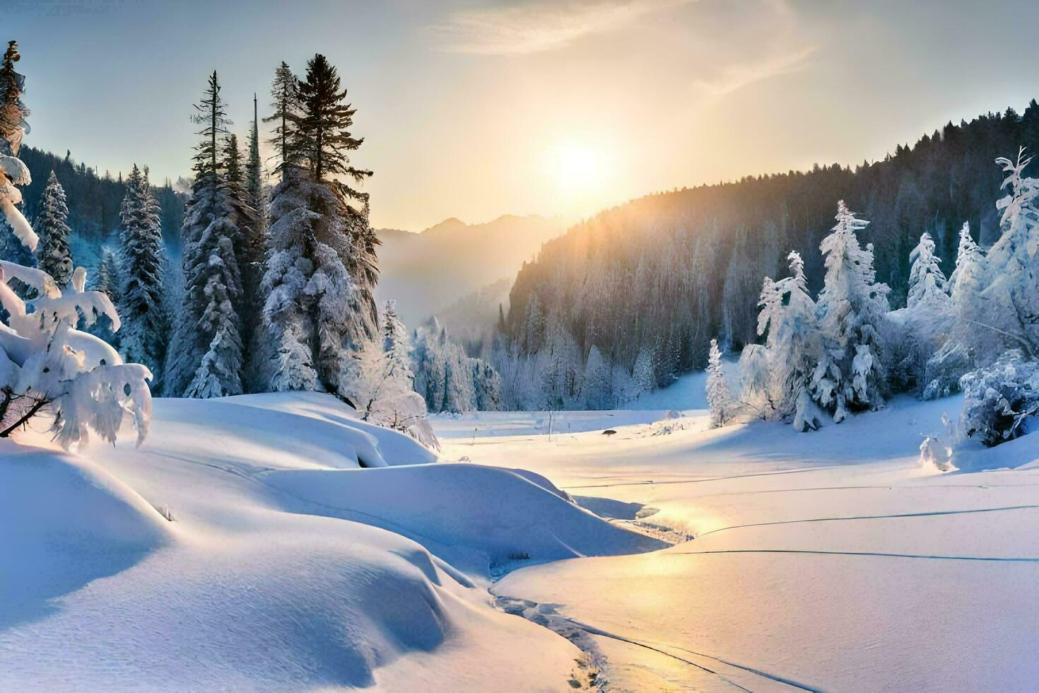 winter landscape with snow covered trees and sun. AI-Generated 34355546 ...