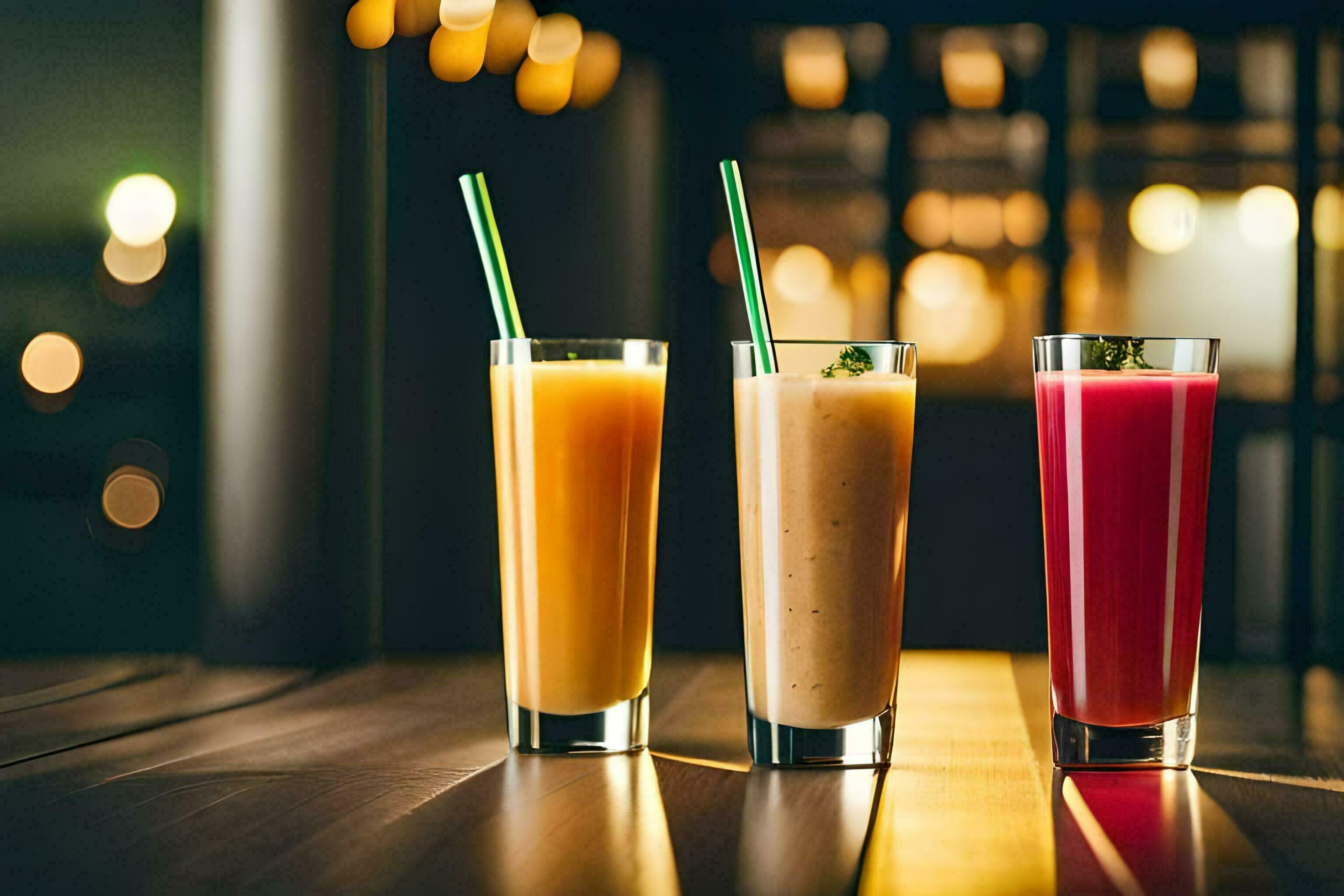 three different types of smoothies on a wooden table. AI-Generated 34359280 Stock Photo at Vecteezy