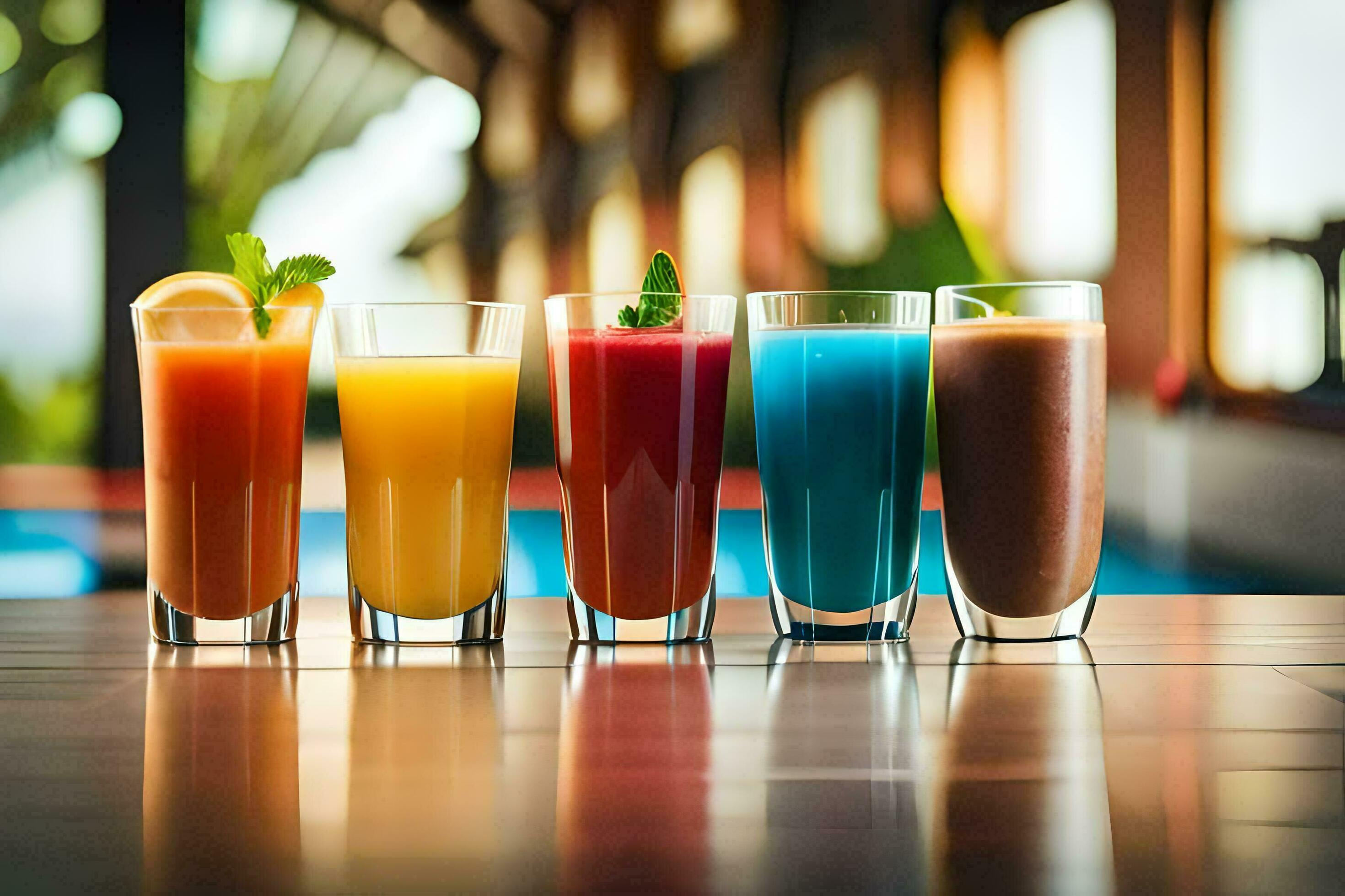 five different colored drinks in glasses on a table. AI-Generated 34362109 Stock Photo at Vecteezy