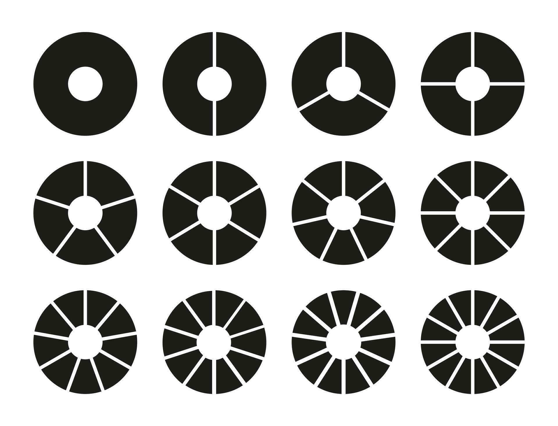 Collection of circles division on 1, 2, 3, 4, 5, 6, 7, 8, 9, 10, 11, 12 ...