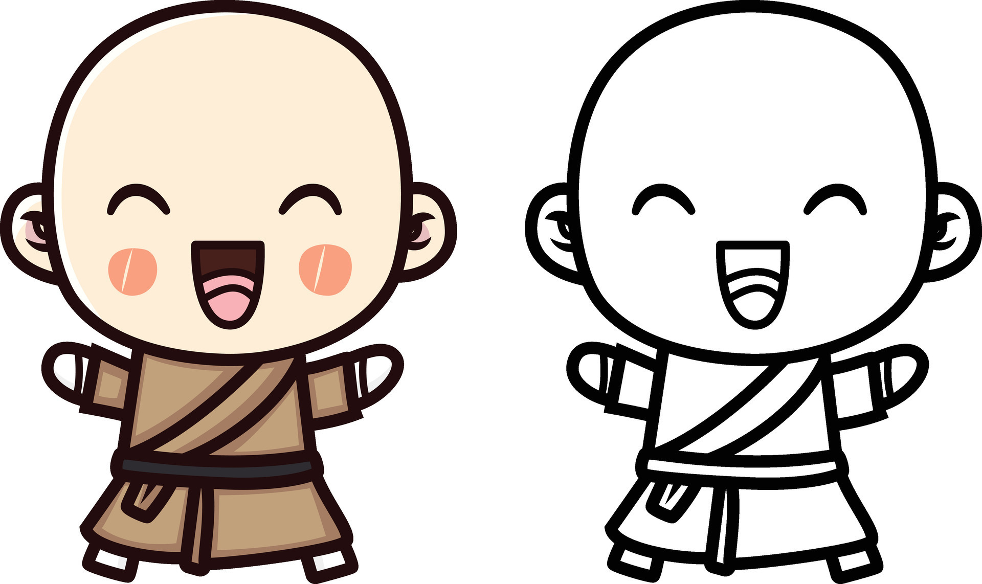 Cute Happy Monk Doodle Style Vector Illustration Cute Monk Religious Shaolin Monk Cute Doodle