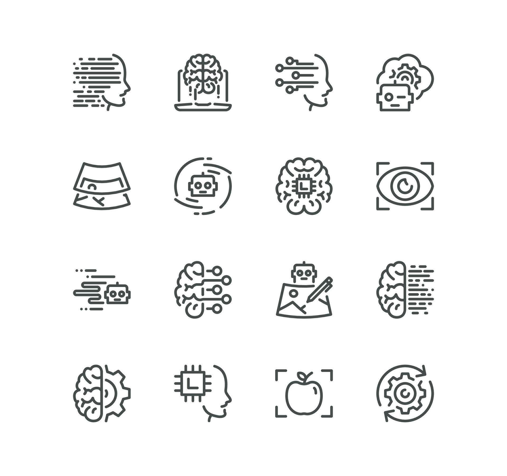 Set of artificial intelligence related icons, machine learning, smart ...