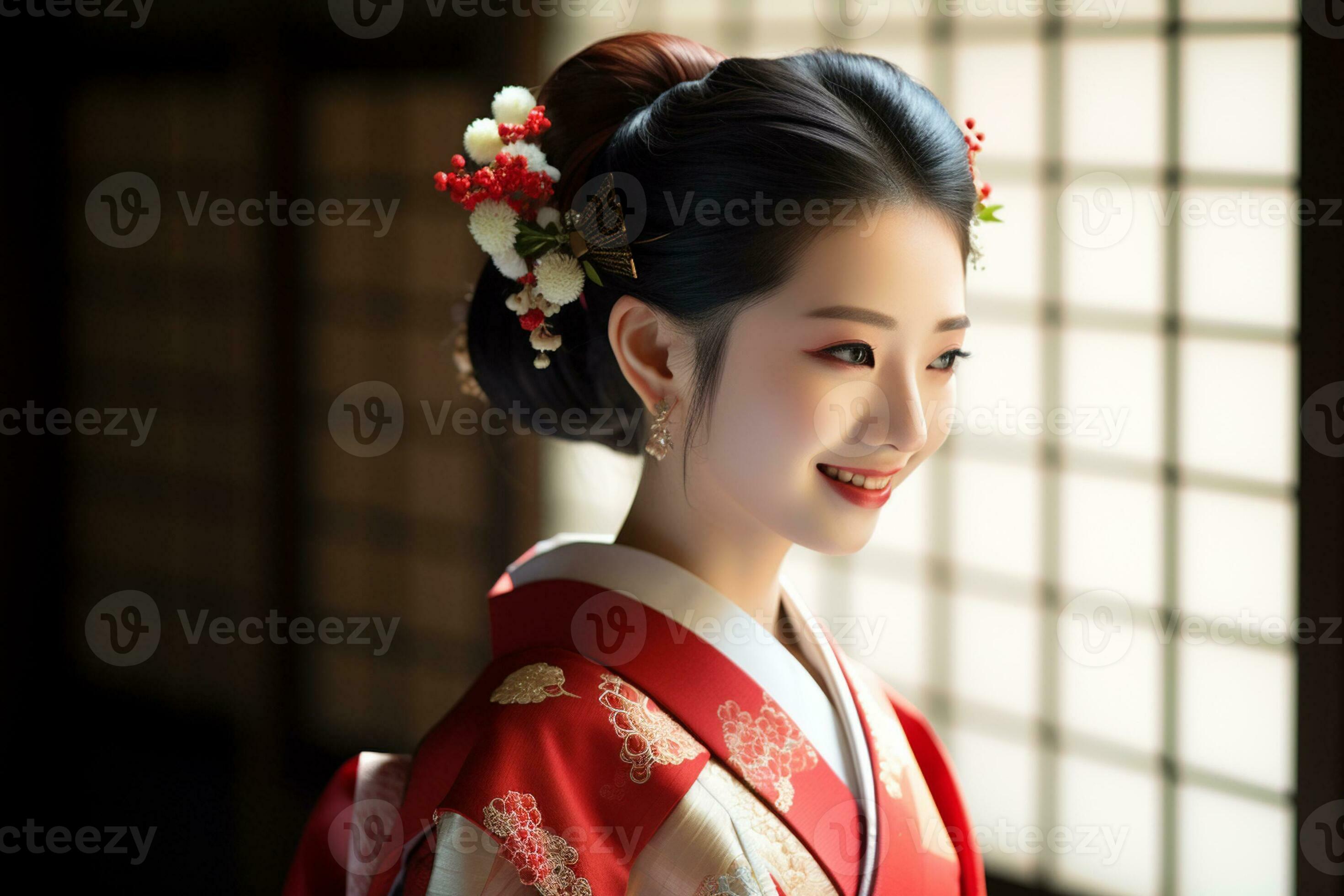 Beautiful Japanese Nationality Female Wearing Kimono Portraits Bokeh