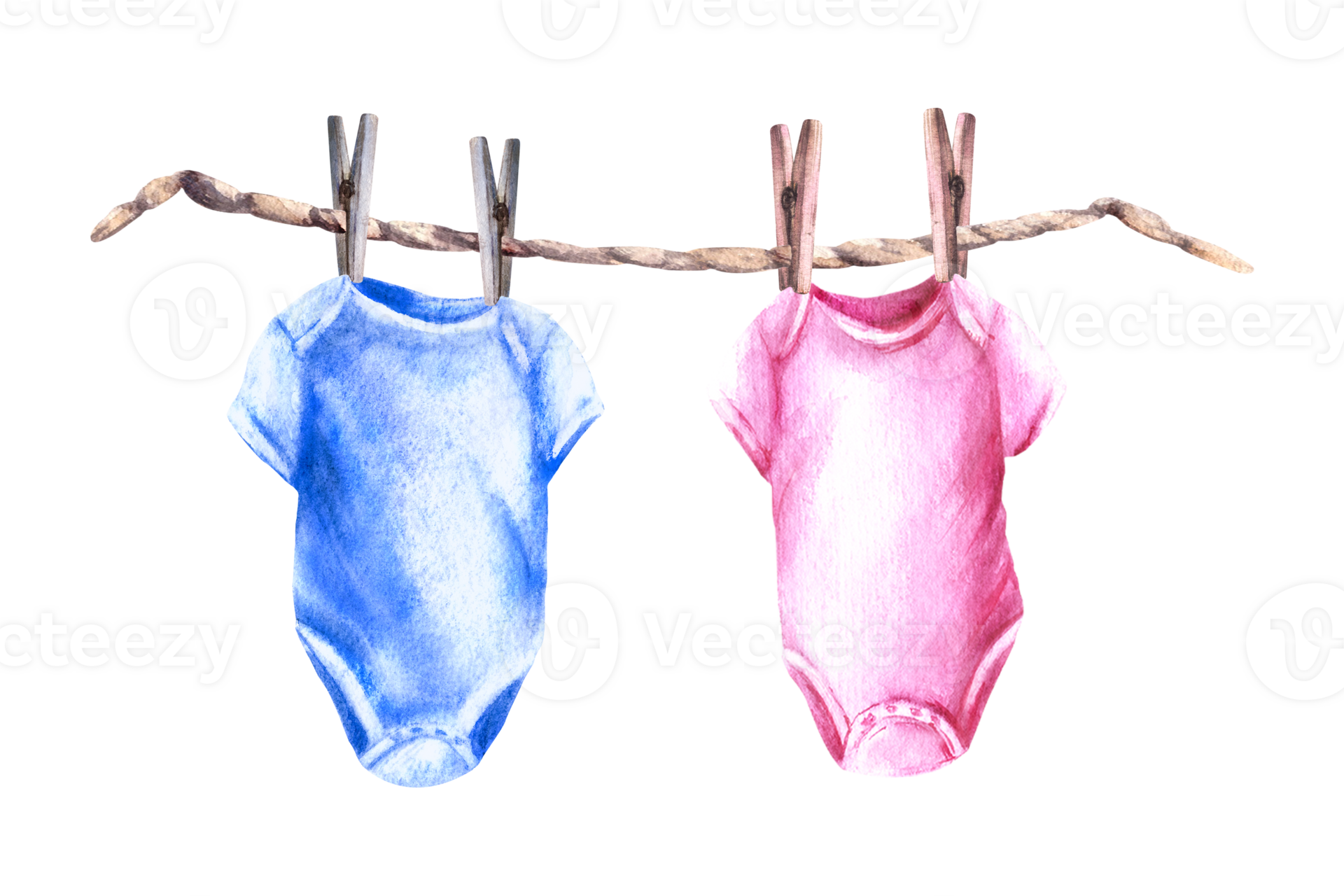Baby pink and blue bodysuit with clothesline and clothes pegs. He or ...