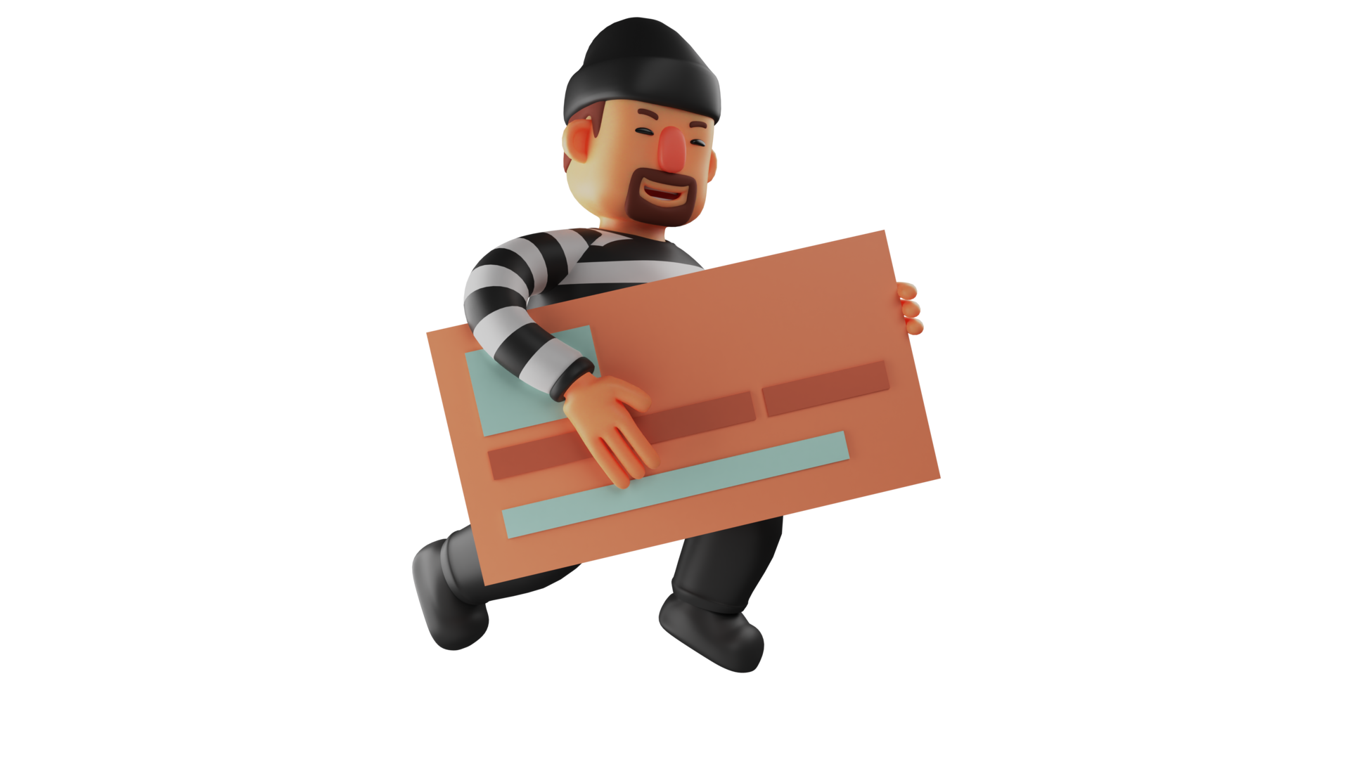 3D illustration. Dexterous Thief 3D Cartoon Character. The thief managed to get an important ...