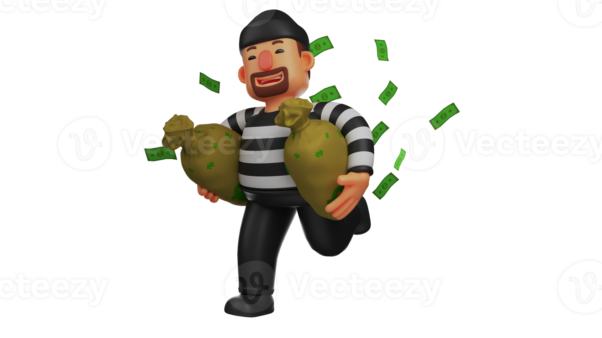 3D illustration. Enterprising Thief 3D Cartoon Character. Thief ran away carrying two bags full ...