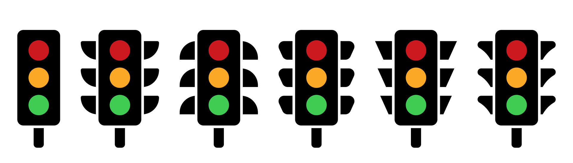 Traffic lights icon set. Colored traffic light in glyph. Filled semaphore symbol. Traffic lights ...