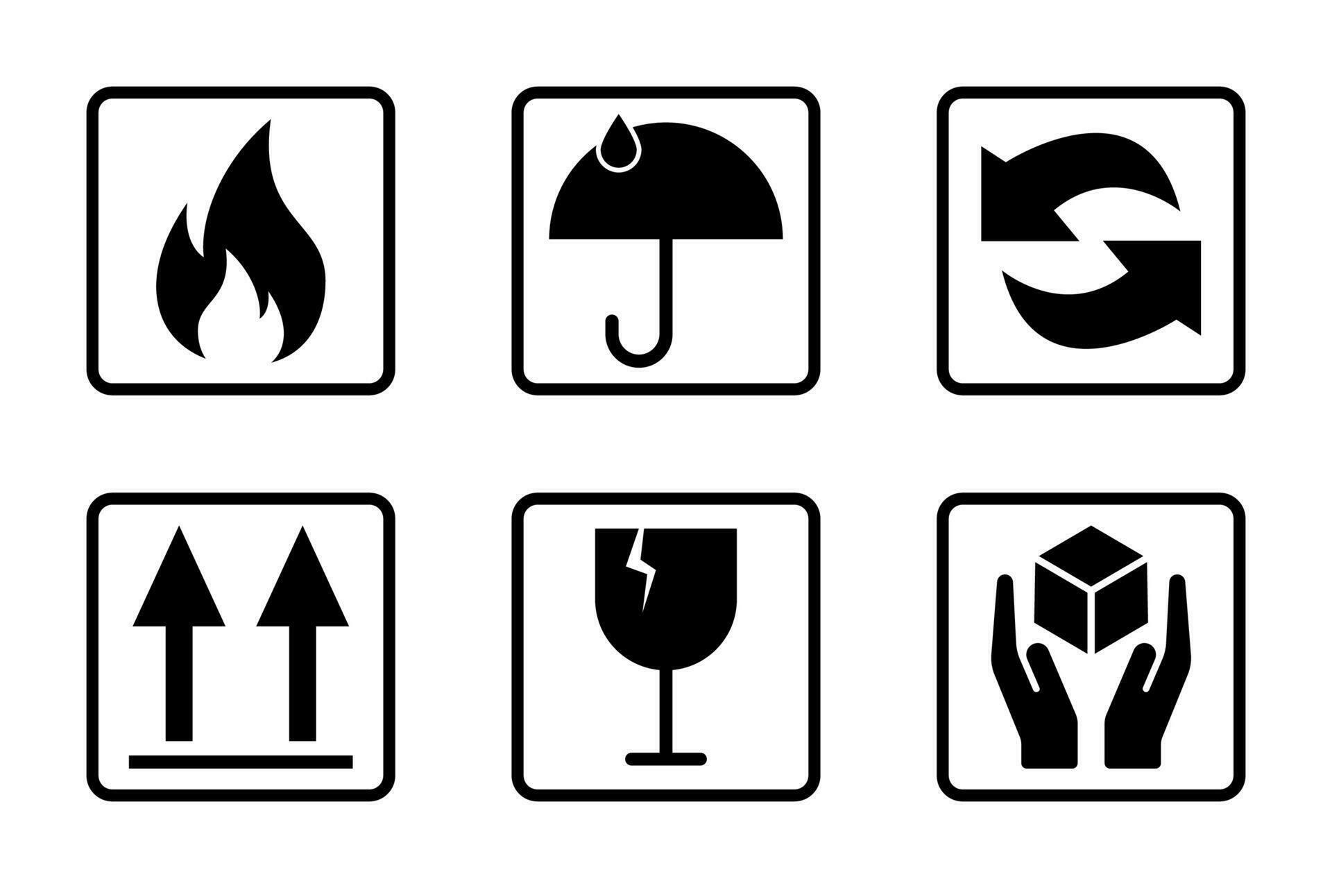 Fragile icon set. Delivery box symbol. Glass and umbrella sign. Fragile box icons. Cardboard ...