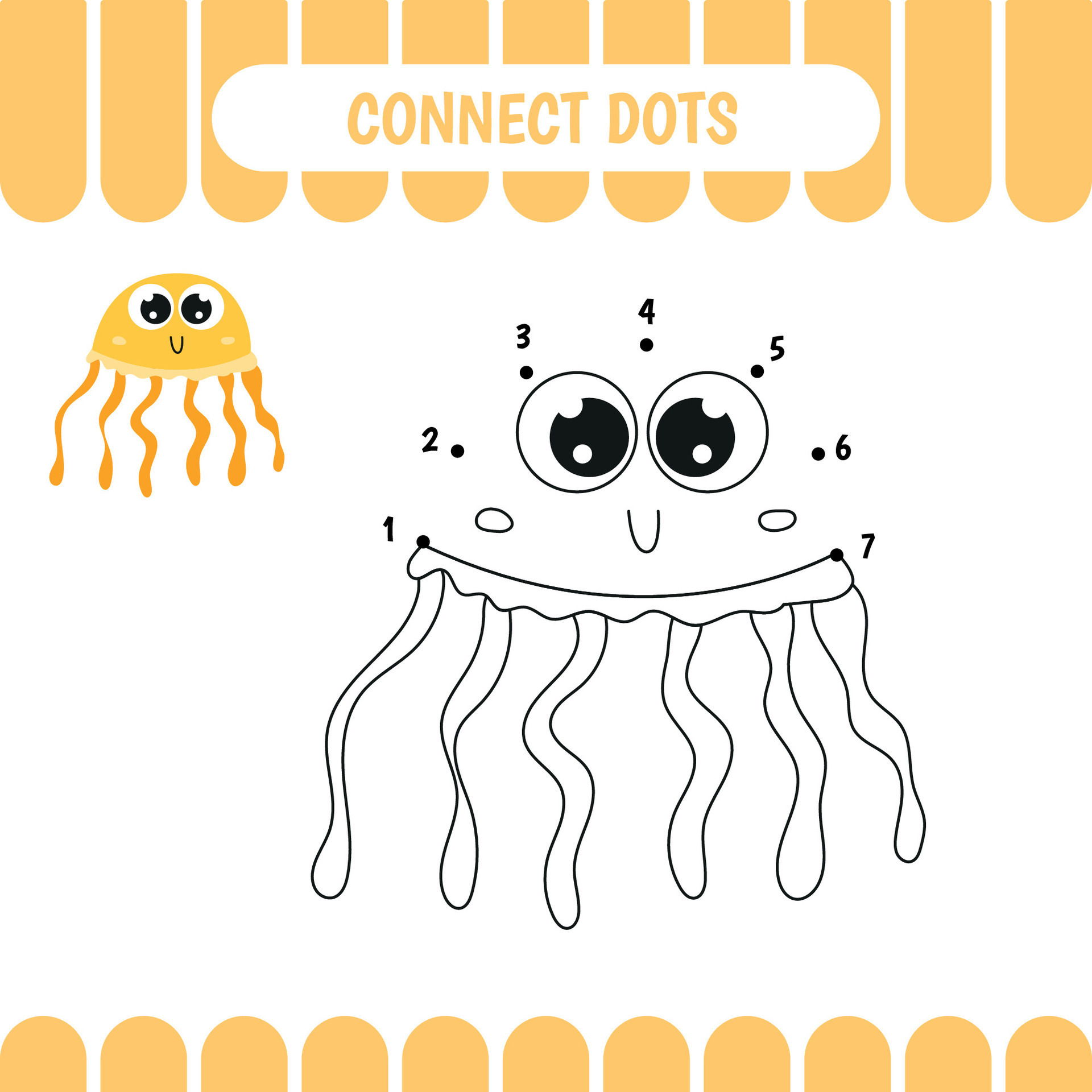 Connect dots and color Jellyfish. Dot to dot activity worksheet for ...