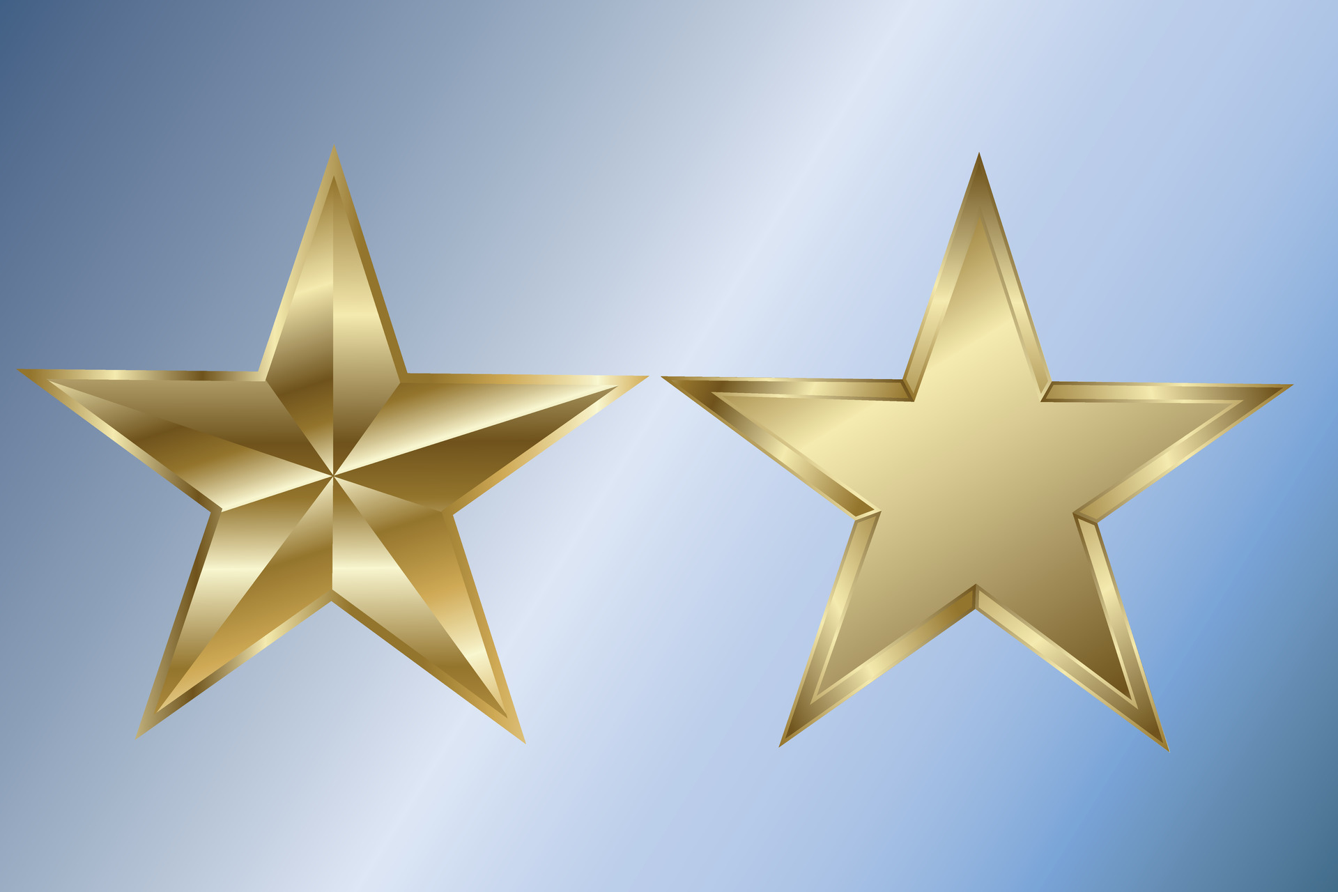 Star. Set of gold stars. Two stars in gold style isolated on a blue gradient background. Vector ...