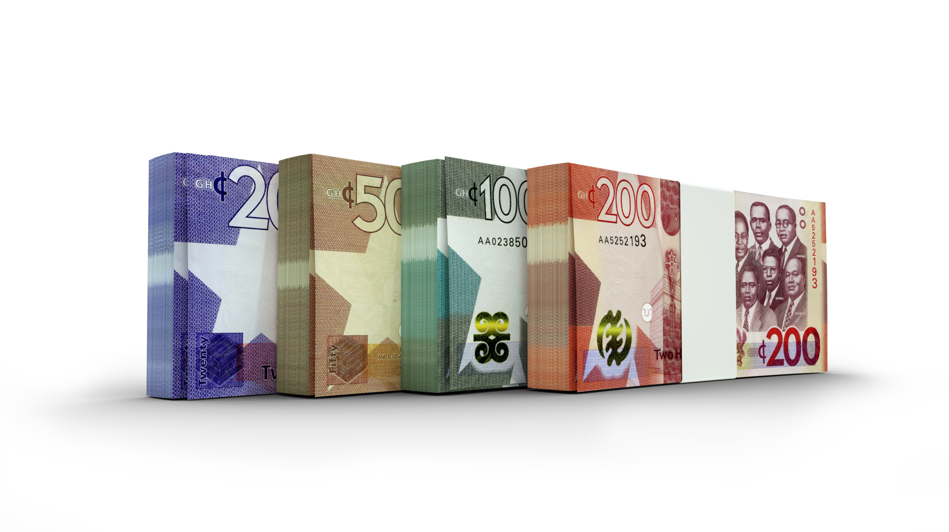 3d Rendering Of Stacks Of Ghanaian Cedi Notes In Various Denominations Bundles Of Currency