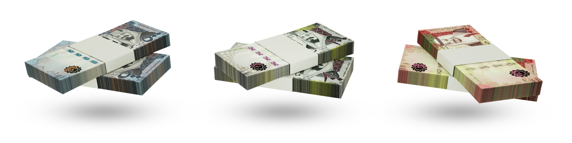 Set Of Stacks Of Saudi Riyal Notes In Different Denominations 3d Rendering 34413409 Png