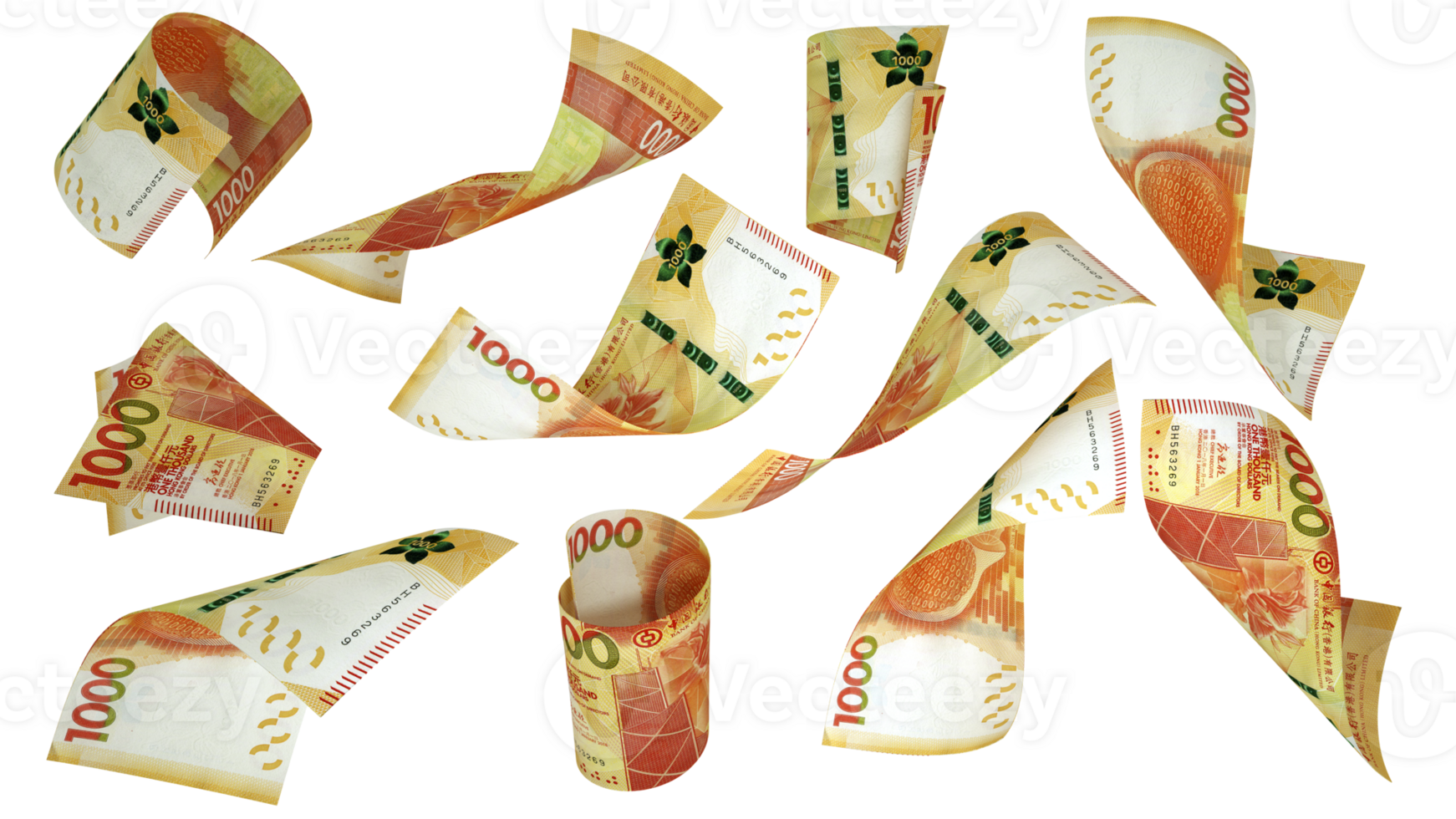 3d Rendering Of Hong Kong Dollar Notes Flying In Different Angles And Orientations Isolated On