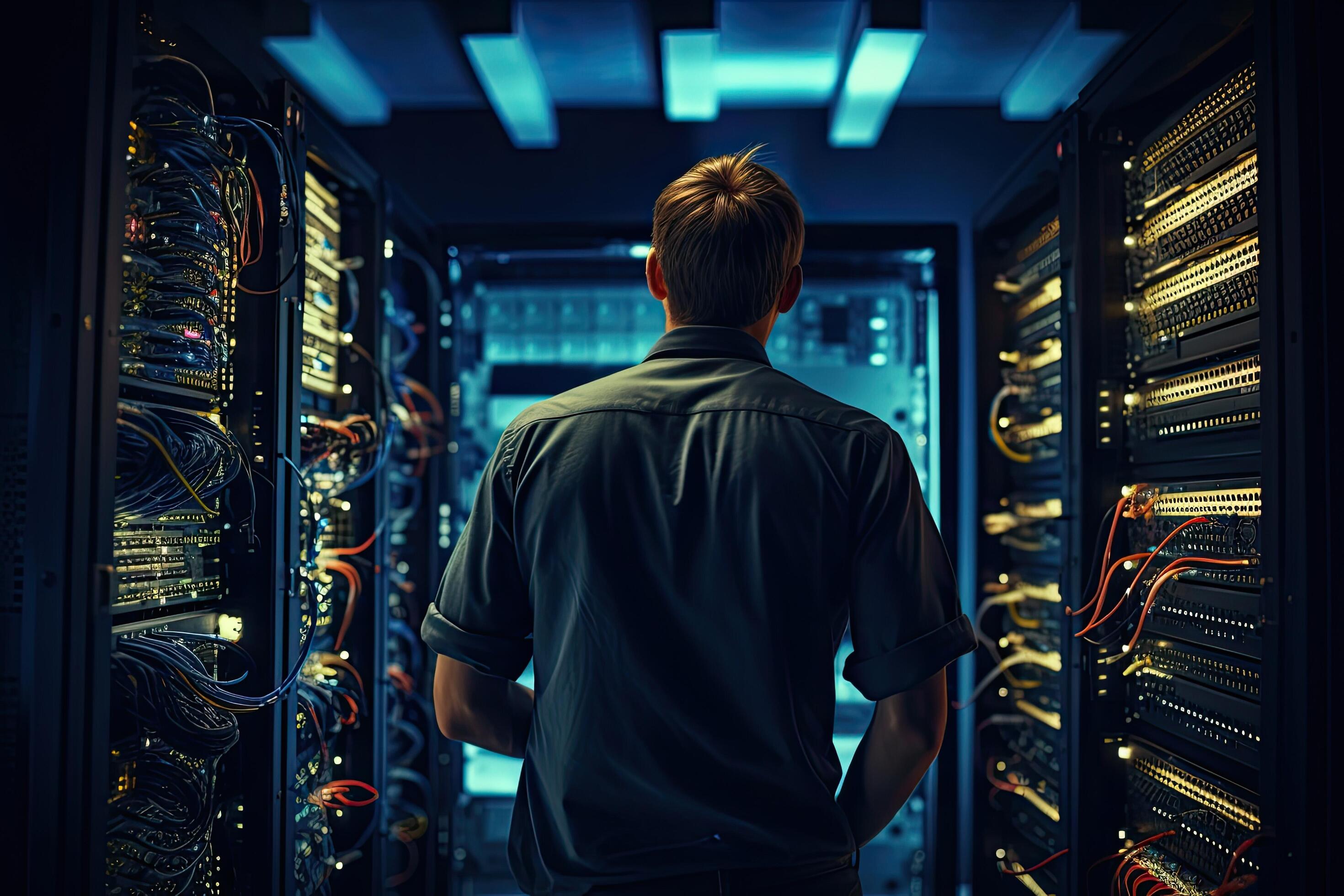 Rear view of young man standing in datacenter server room, rear view of ...