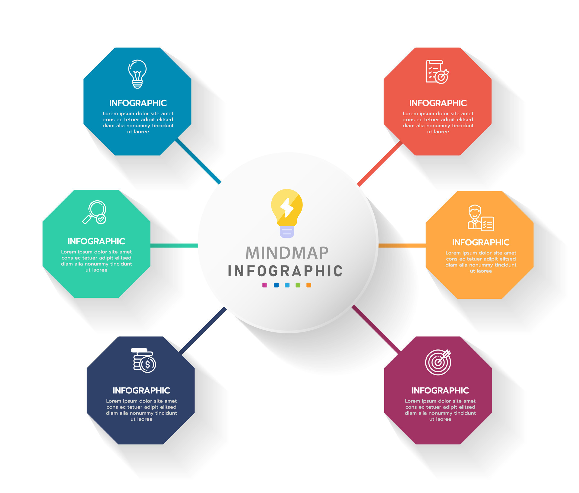 Infographic template for business. 6 Steps Modern Mindmap diagram with octagon and circle topics ...